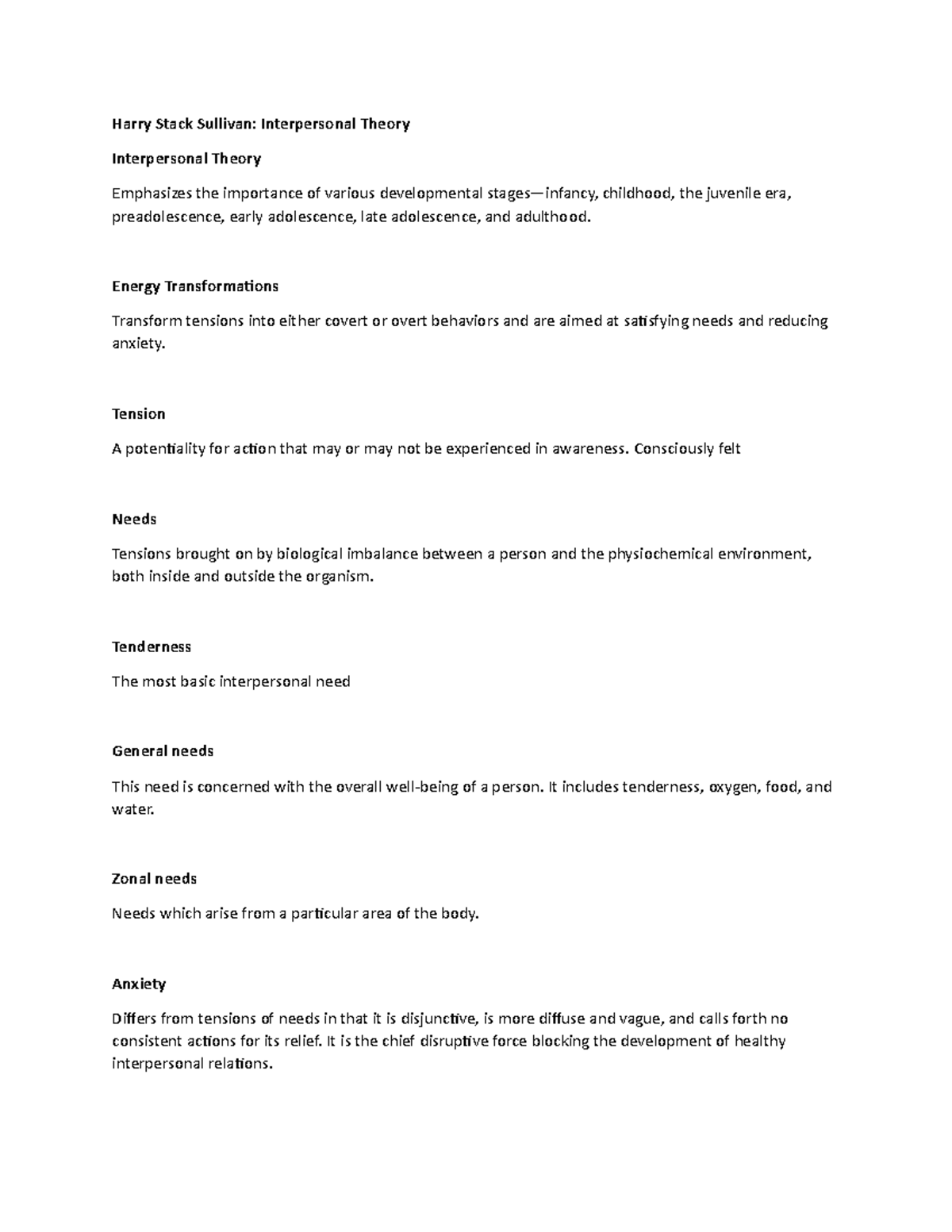 Harry Stack Sullivan: Interpersonal Theory - Energy Transformations ...