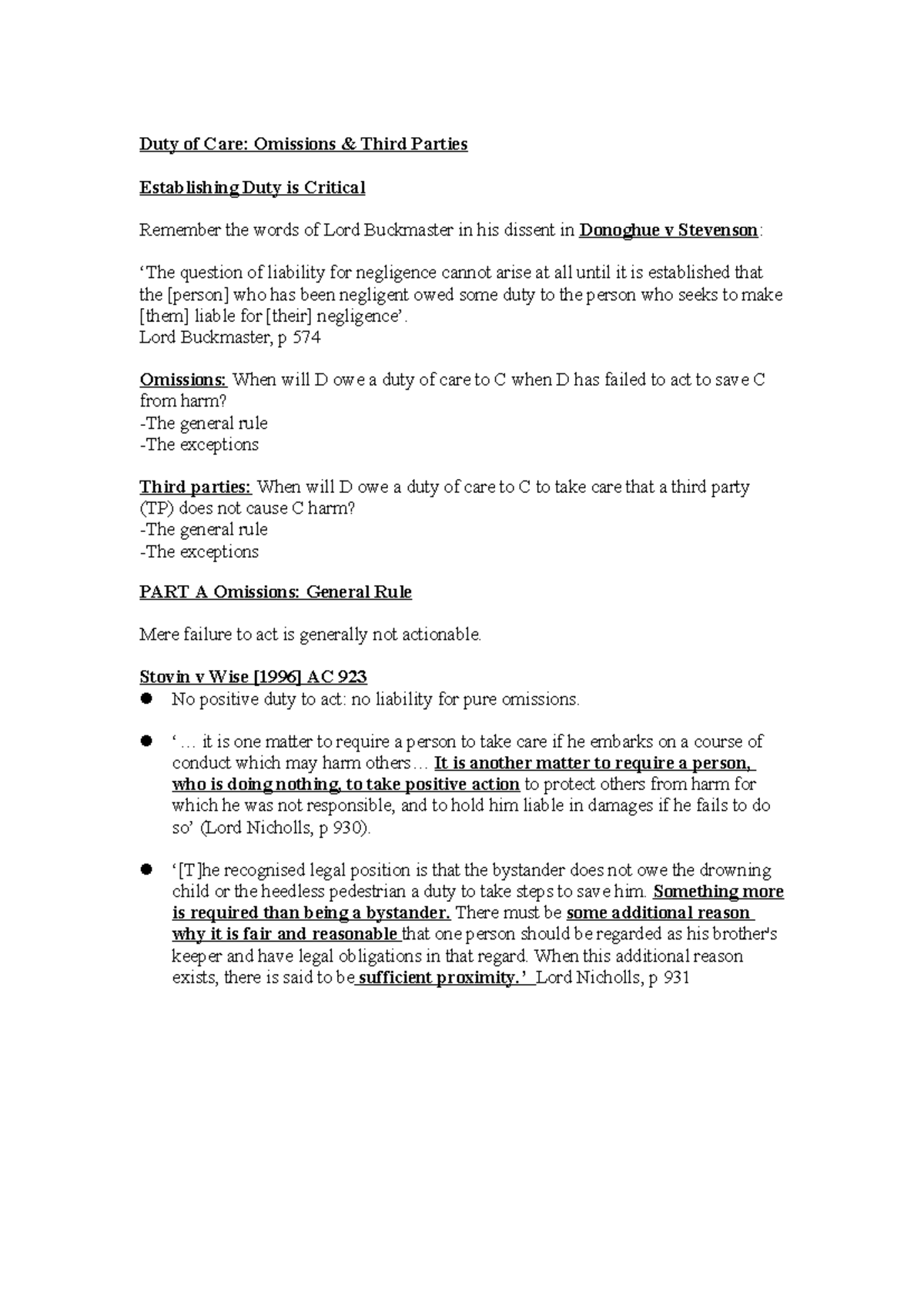 Duty of Care: Omissions & Third Parties in Negligence Law - Studocu
