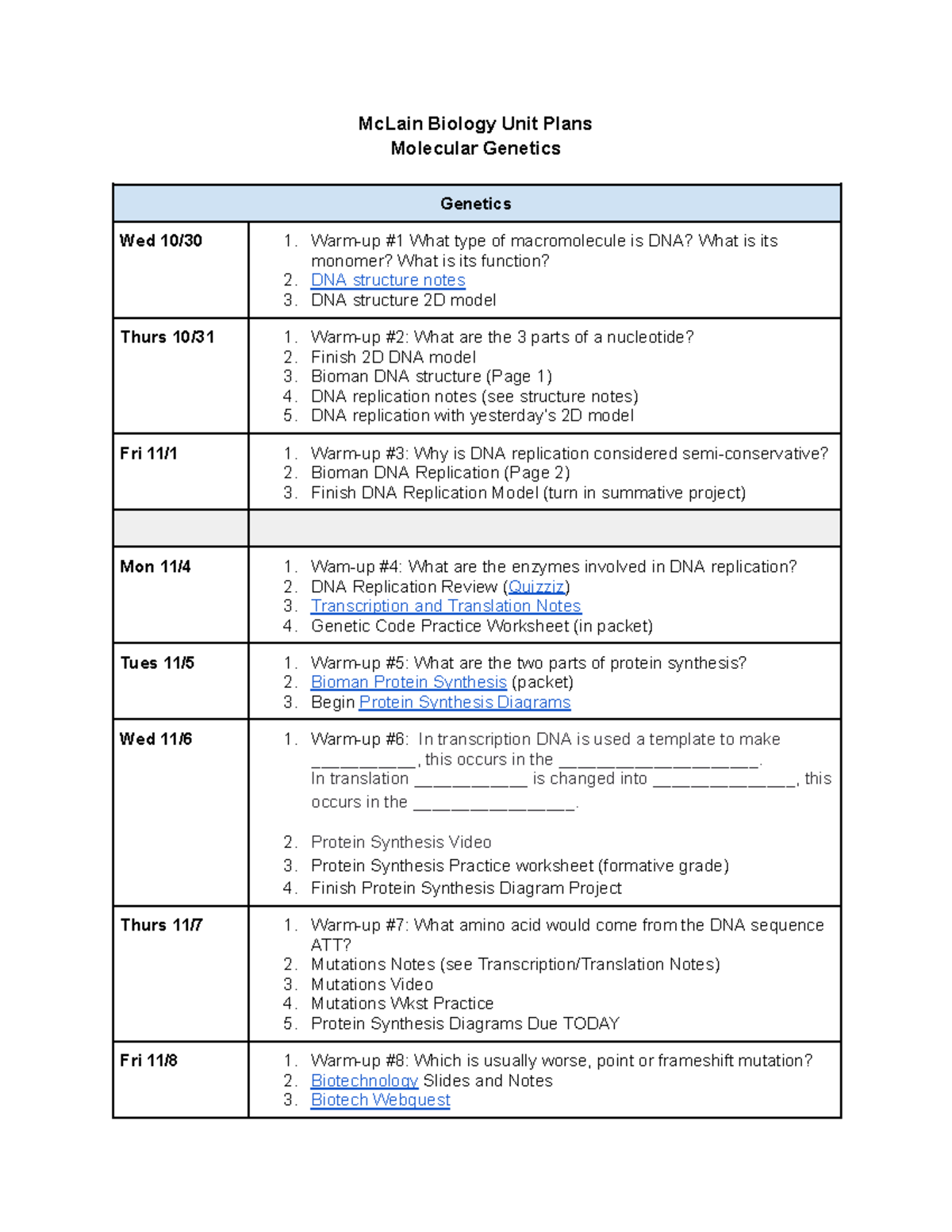 Biology genetics - Standared class assignments - McLain Biology Unit ...