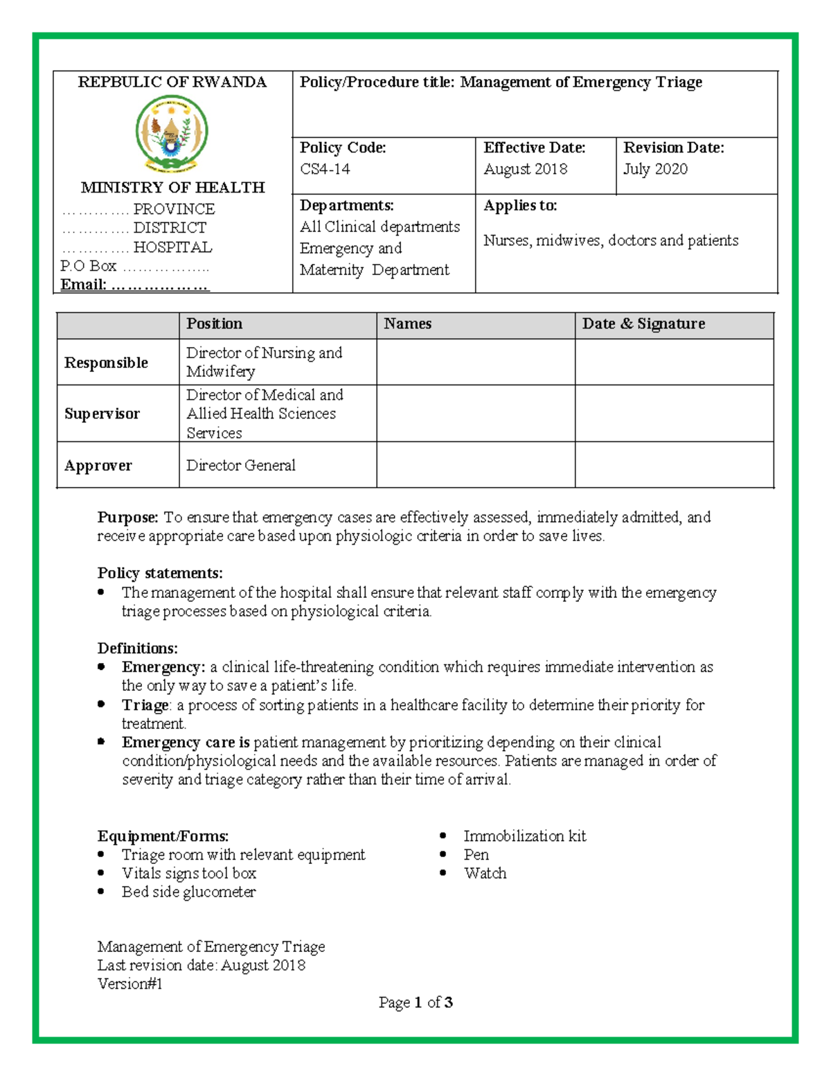 CS4-14 Emergency Triage Management Policy and Procedures Guide - Studocu