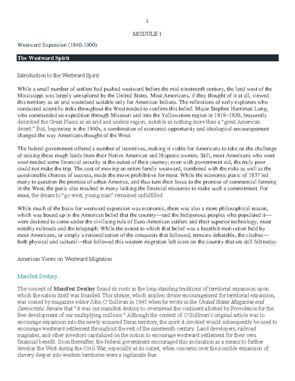 Module 1: Westward Expansion (1840-1900) Overview and Key Concepts ...