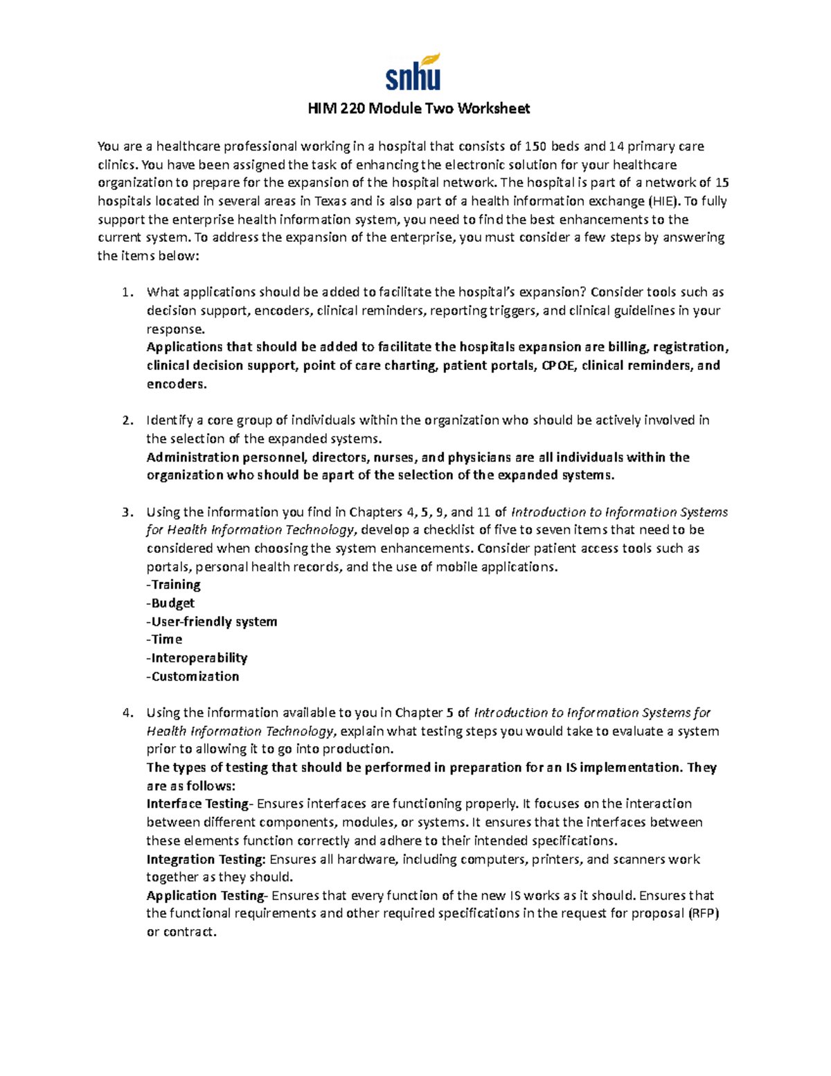 HIM 220 Module Two Worksheet: Enhancing Electronic Solutions for ...
