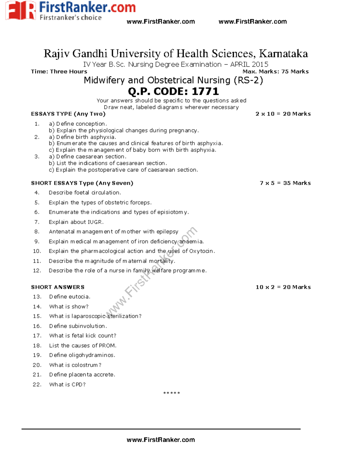 2015 RGUHS B.Sc Nursing IV Year Midwifery & Obstetrical Nursing Exam Q ...