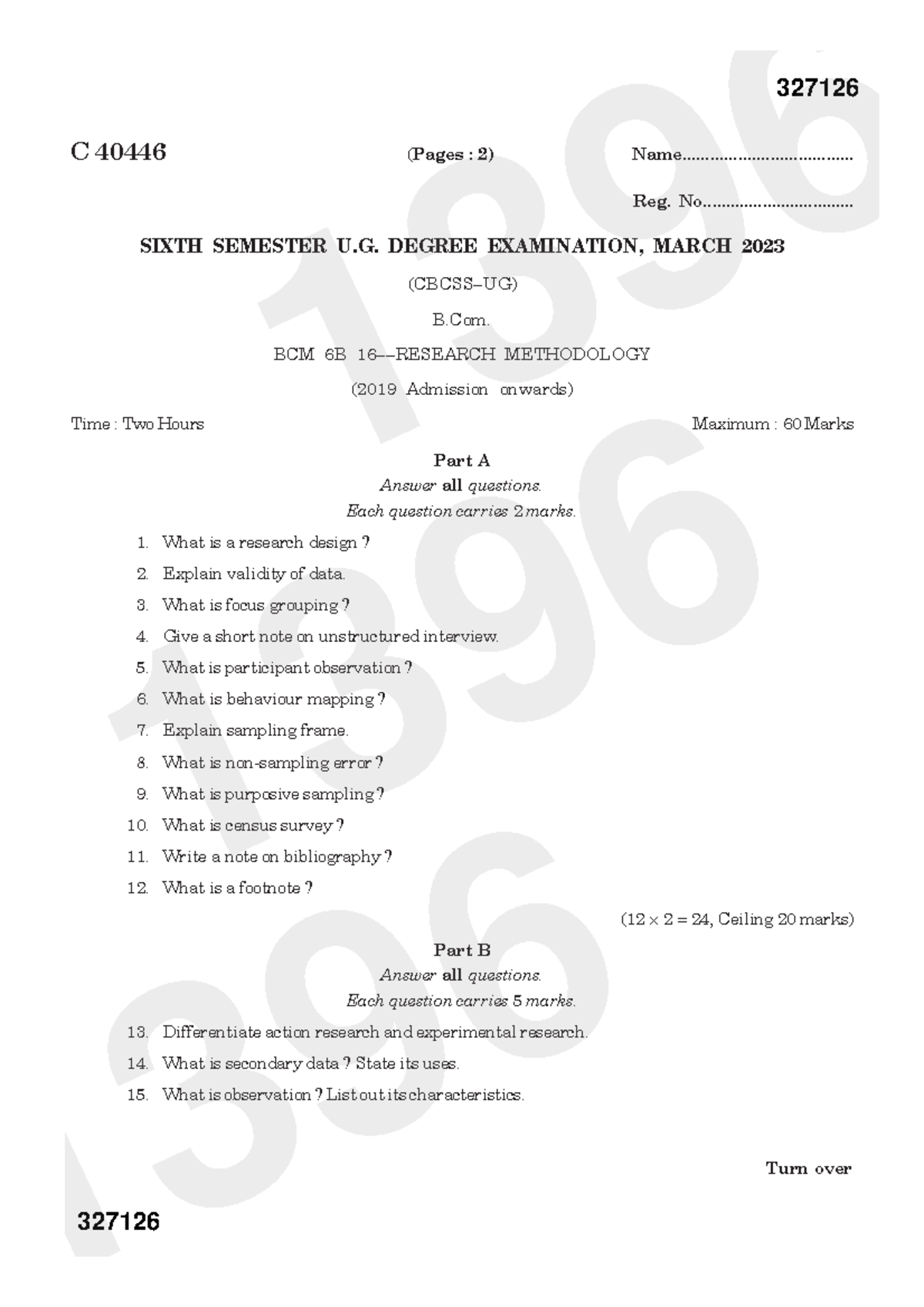 BCM 6B 16 Research Methodology Exam Paper - March 2023 - Studocu