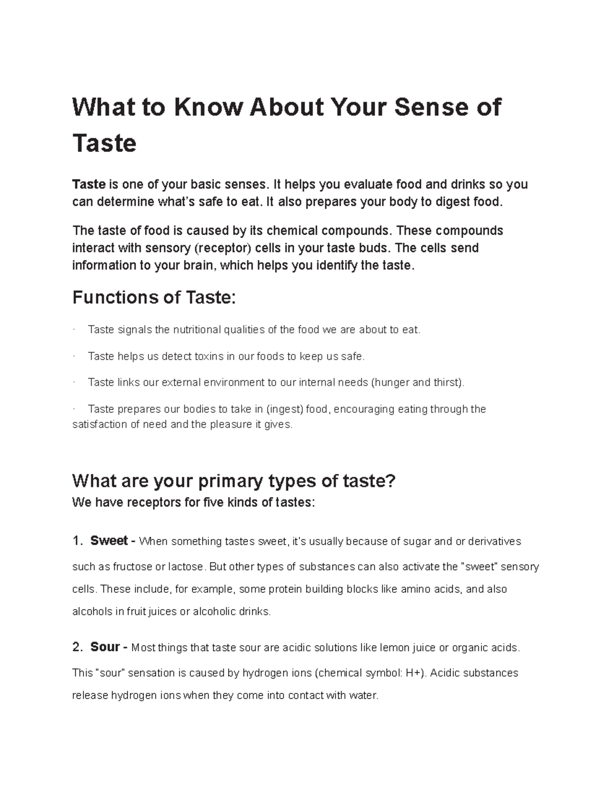 Understanding Your Sense of Taste: Functions and Types Explained - Studocu