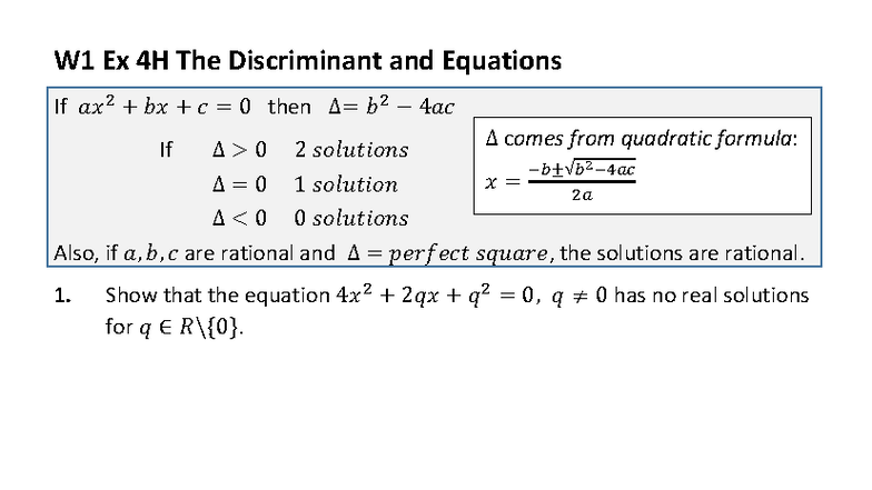 W1 Ex 4H Discriminant Analysis and Quadratic Equations - Studocu