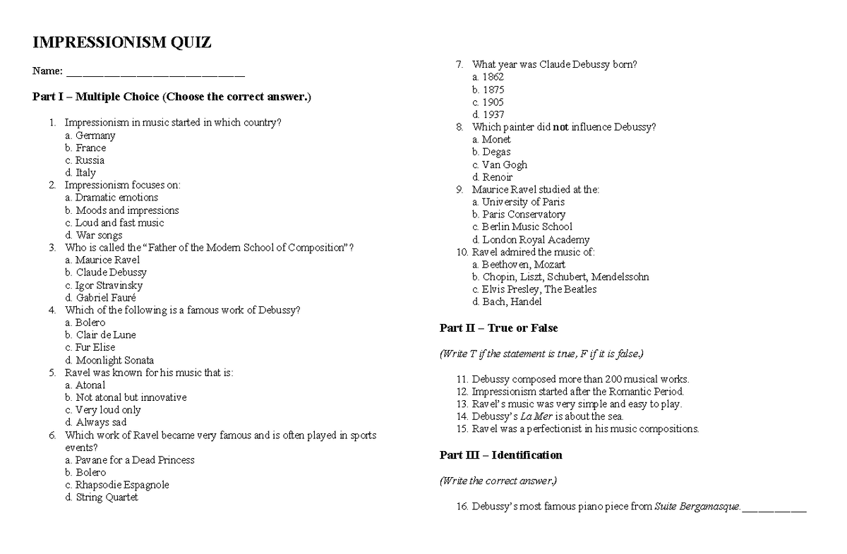 Impressionism Quiz - Music & Art (Course Code: IM101) - Studocu