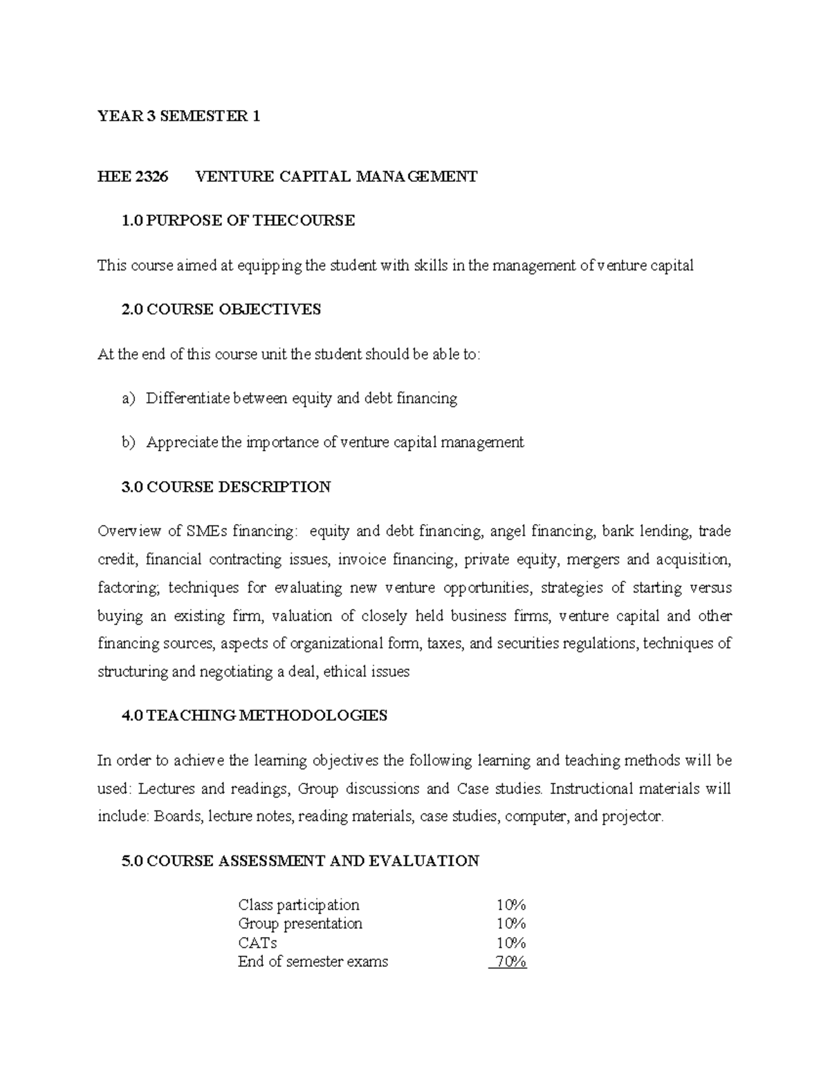 HEE 2326 Venture Capital Management Course Overview and Objectives ...