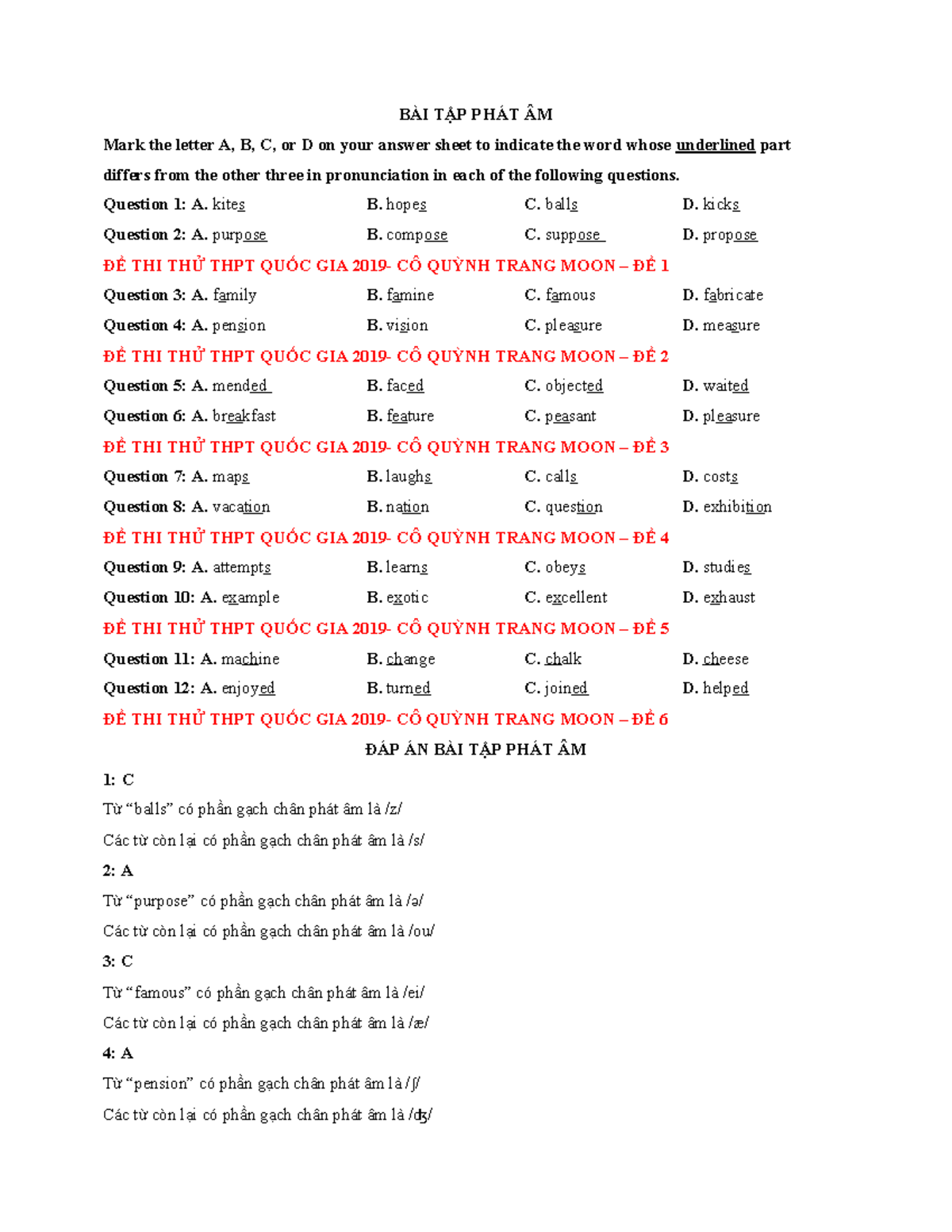 BÀI TẬP PHÁT ÂM - ĐỀ THI THỬ THPT QUỐC GIA CÔ QUỲNH TRANG MOON - Studocu