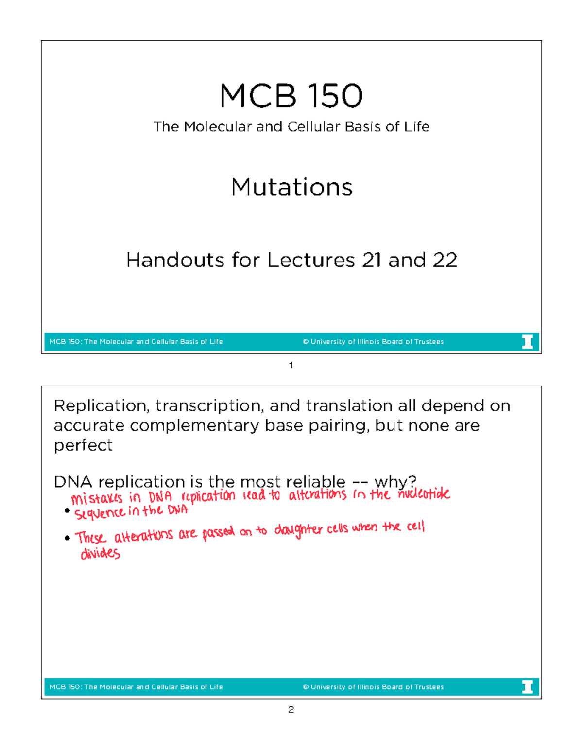 MCB 150 Lecture Handouts: Mutations in Molecular & Cellular Biology ...