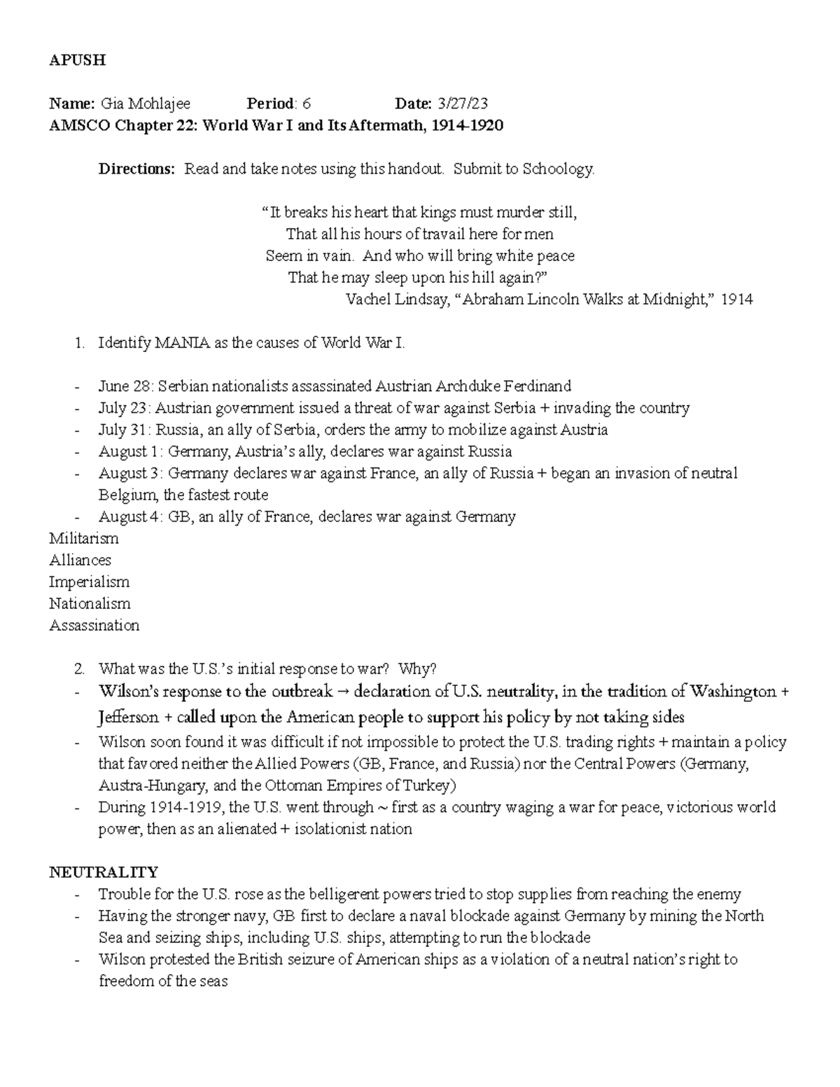 7.3 HW Amsco Chapter 22 World War I and Its Aftermath, 1914-1920 ...