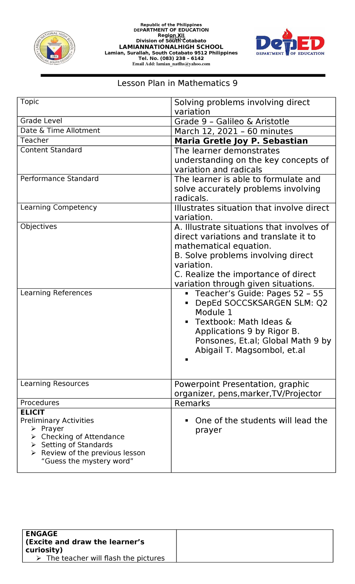 Lesson Plan Math 9: Direct Variation Topics for 2nd Quarter - Studocu