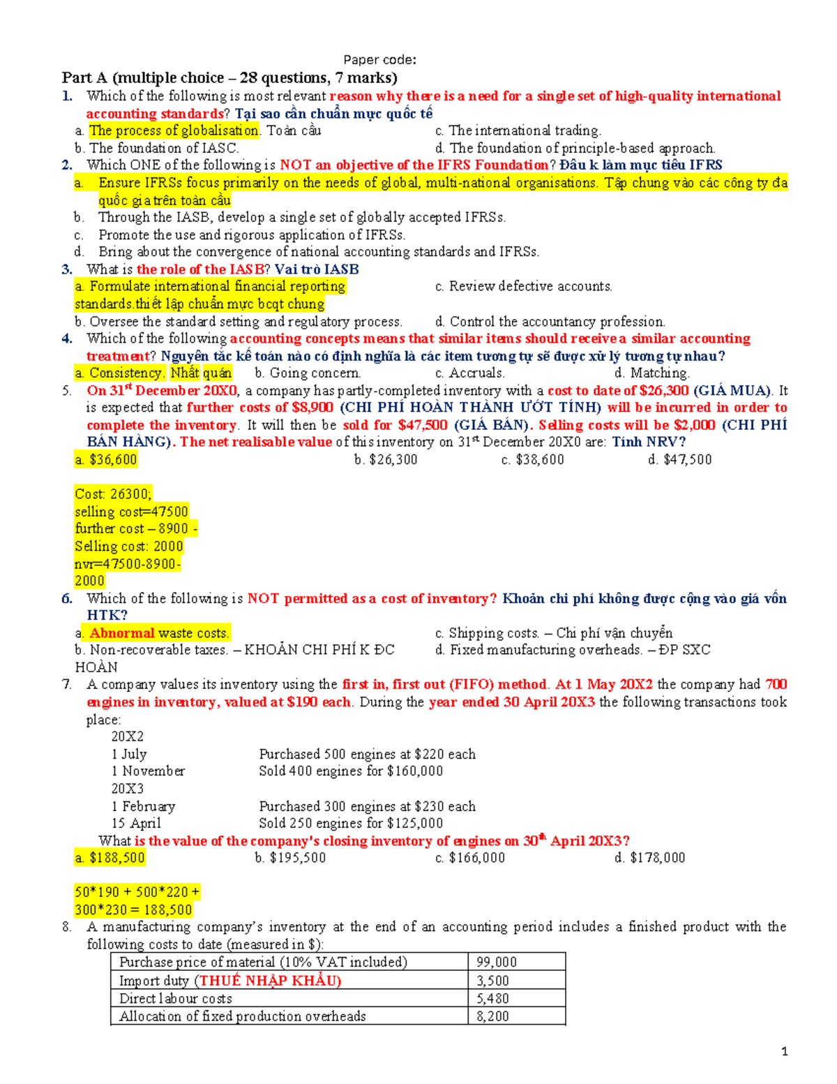 Trác Nghiệm và Tự Luận IFRS 1 - Paper Code: Part A (28 Questions) - Studocu