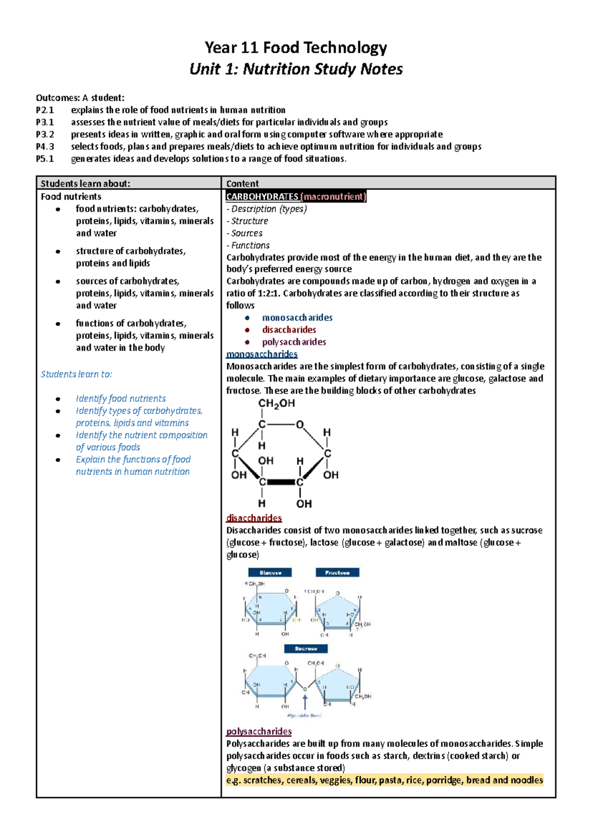 Year 11 Food Tech Unit 1: Comprehensive Nutrition Study Notes - Studocu