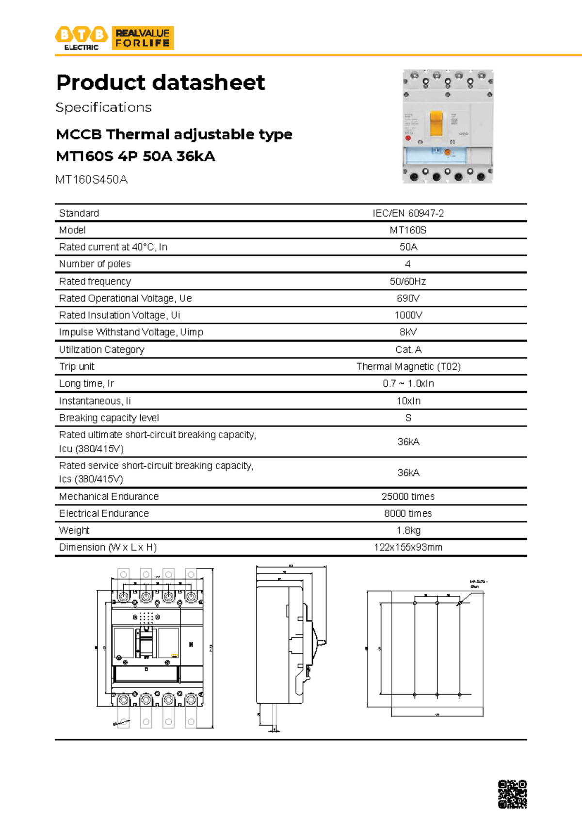 Product datasheet MCCB MT160S450A - Standard IEC/EN 60947- Model MT160S ...