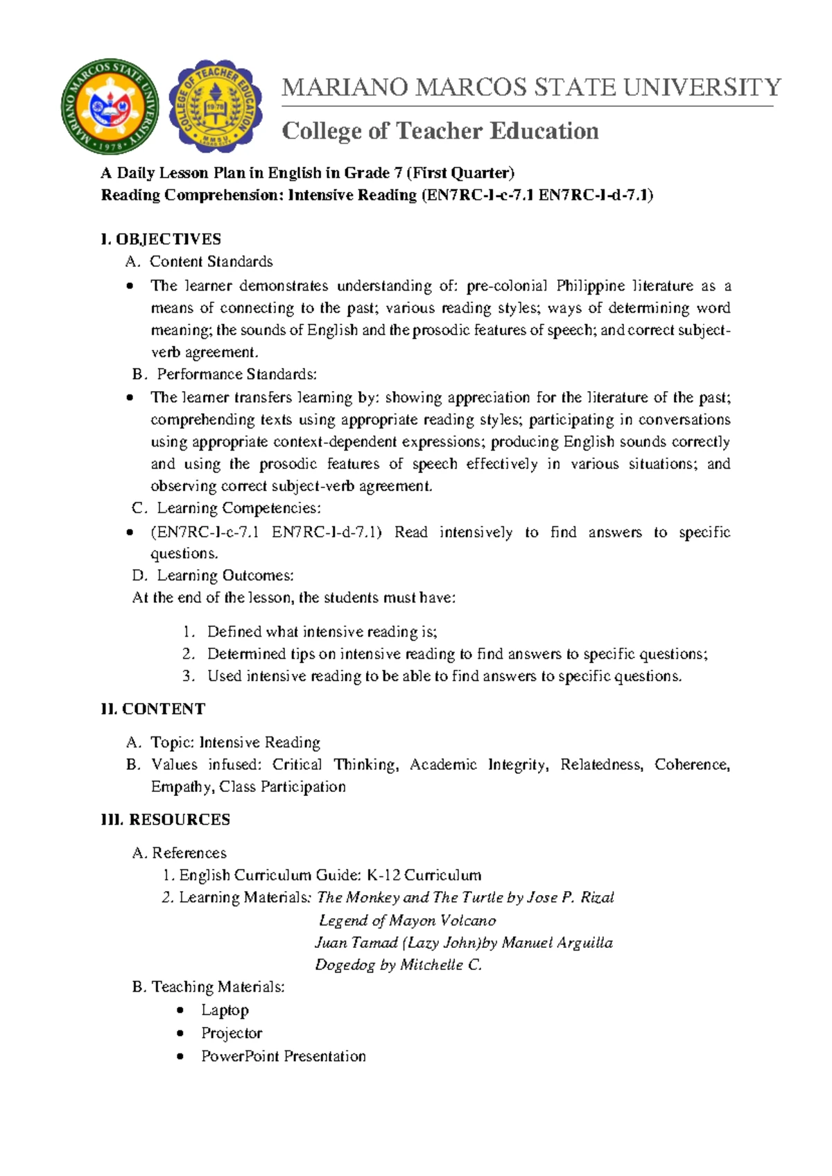 Daily Lesson Plan for Grade 7 English: Intensive Reading (DLP-EN7RC ...