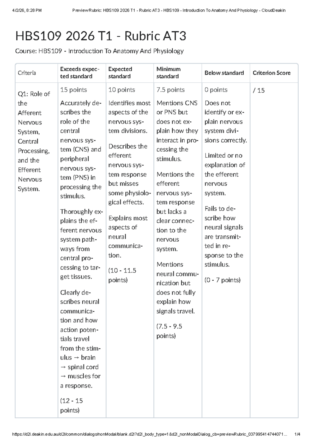 HBS109 2026 T1 AT3 Marking Rubric for Anatomy & Physiology - Studocu