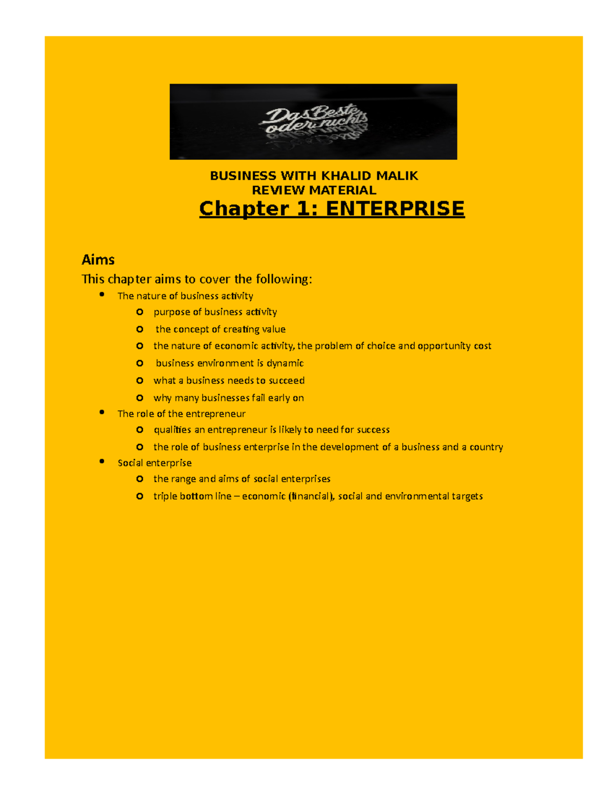 BUS 101 - Notes Unit 1: Ch 1 - Enterprise - Final Exam Review - Studocu