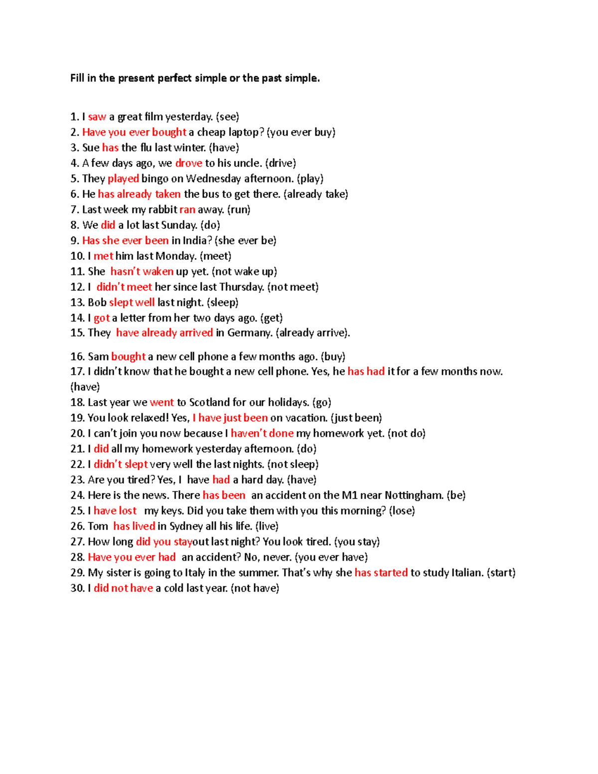 Exercises: Present Perfect Simple vs Past Simple - Studocu