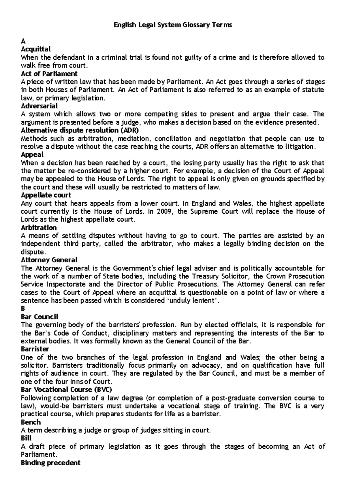 English Legal System Glossary Terms: A to W - Studocu