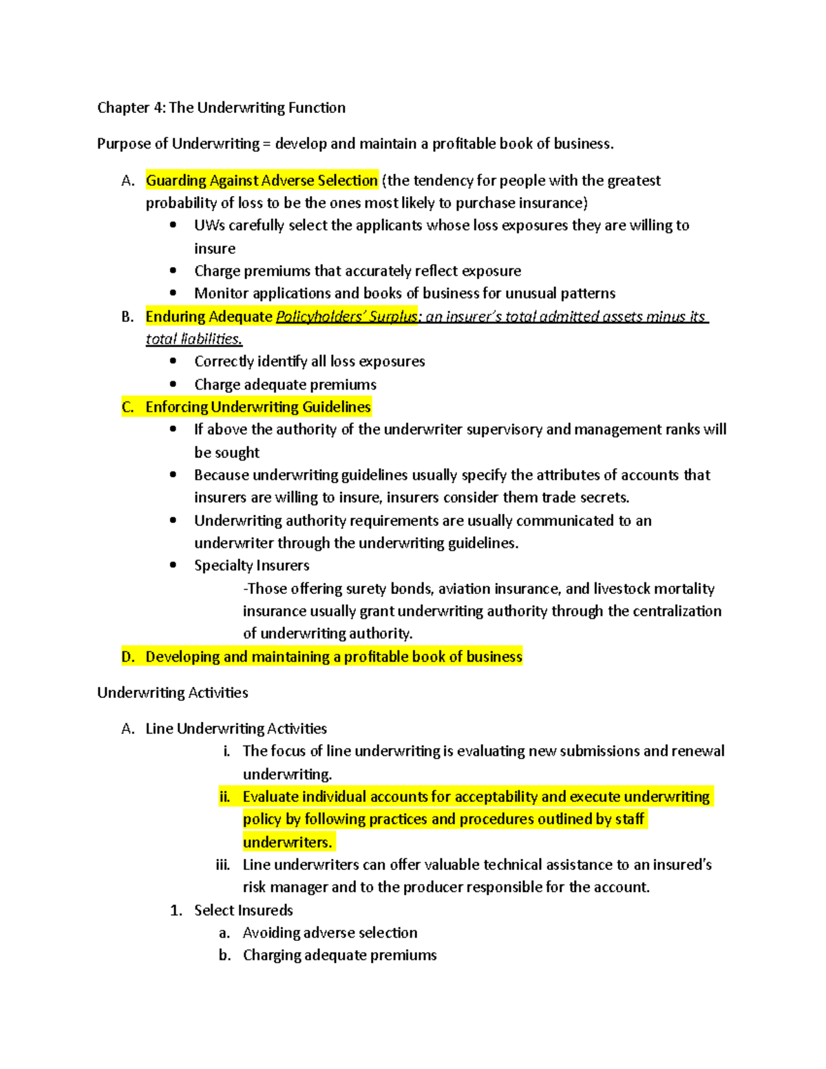 Chapter 4 - Chapter 4: The Underwriting Function Purpose of ...