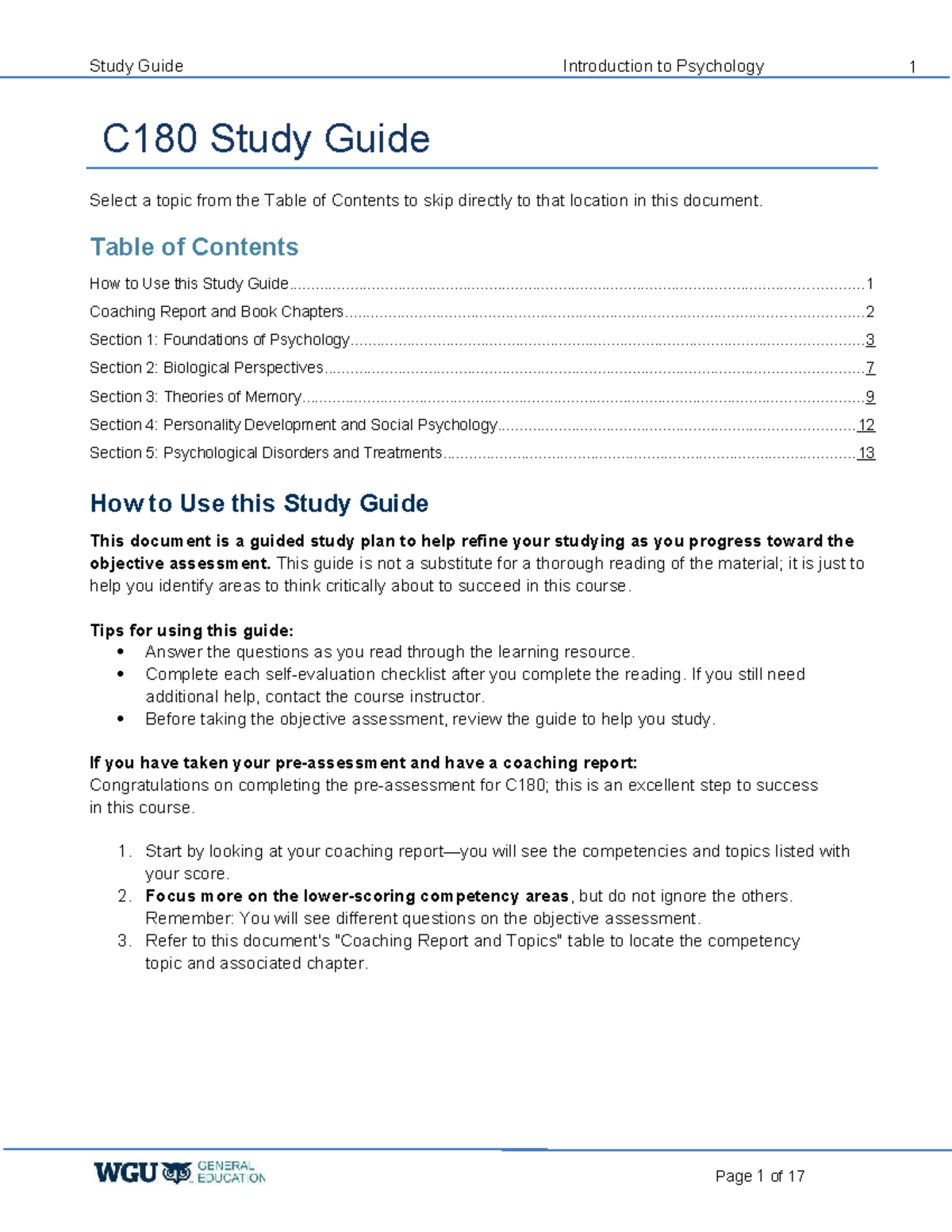 Psych study guide - 1 C180 Study Guide Select a topic from the Table of ...
