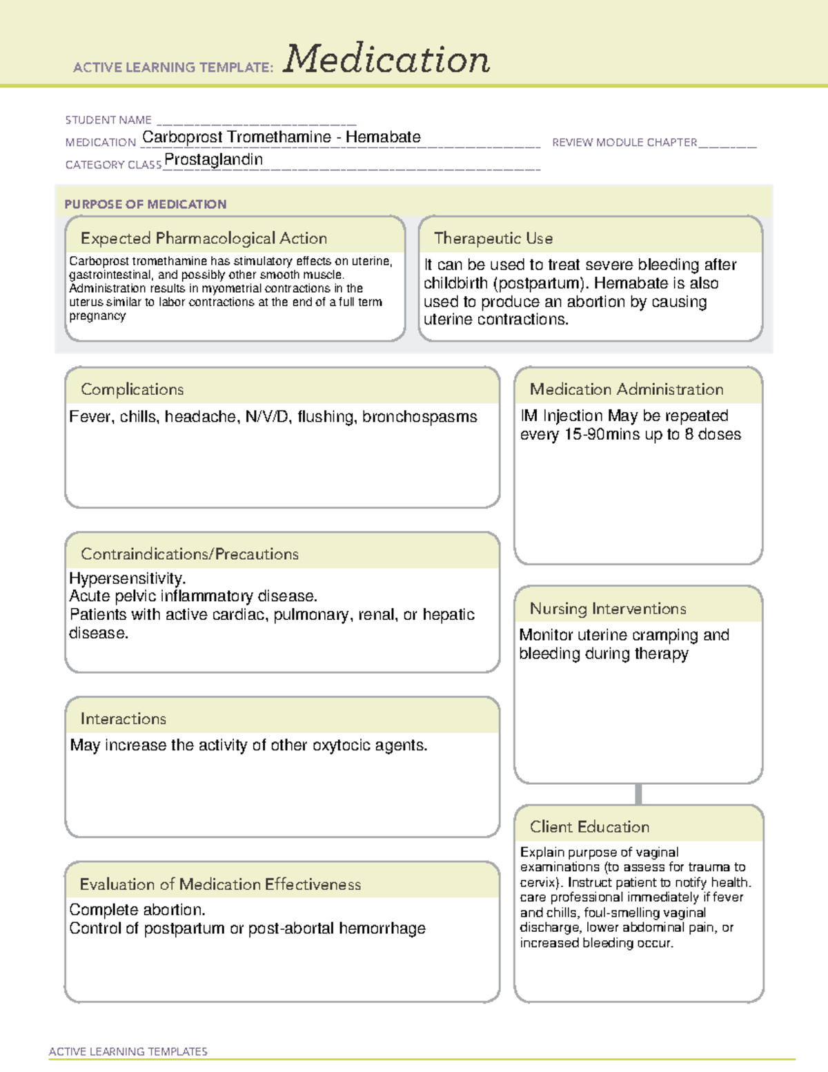 ACTIVE LEARNING TEMPLATE: Carboprost Tromethamine Med Sheet Review ...