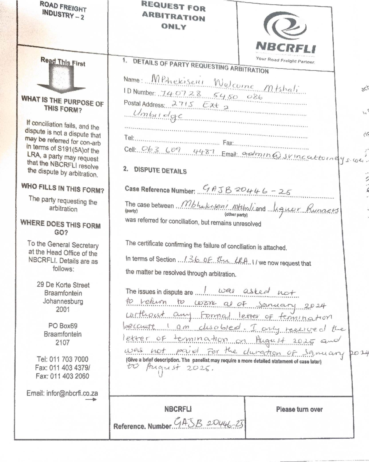 ROAD FREIGHT ARBITRATION REQUEST - NBCRFLI Case GAJB - Studocu