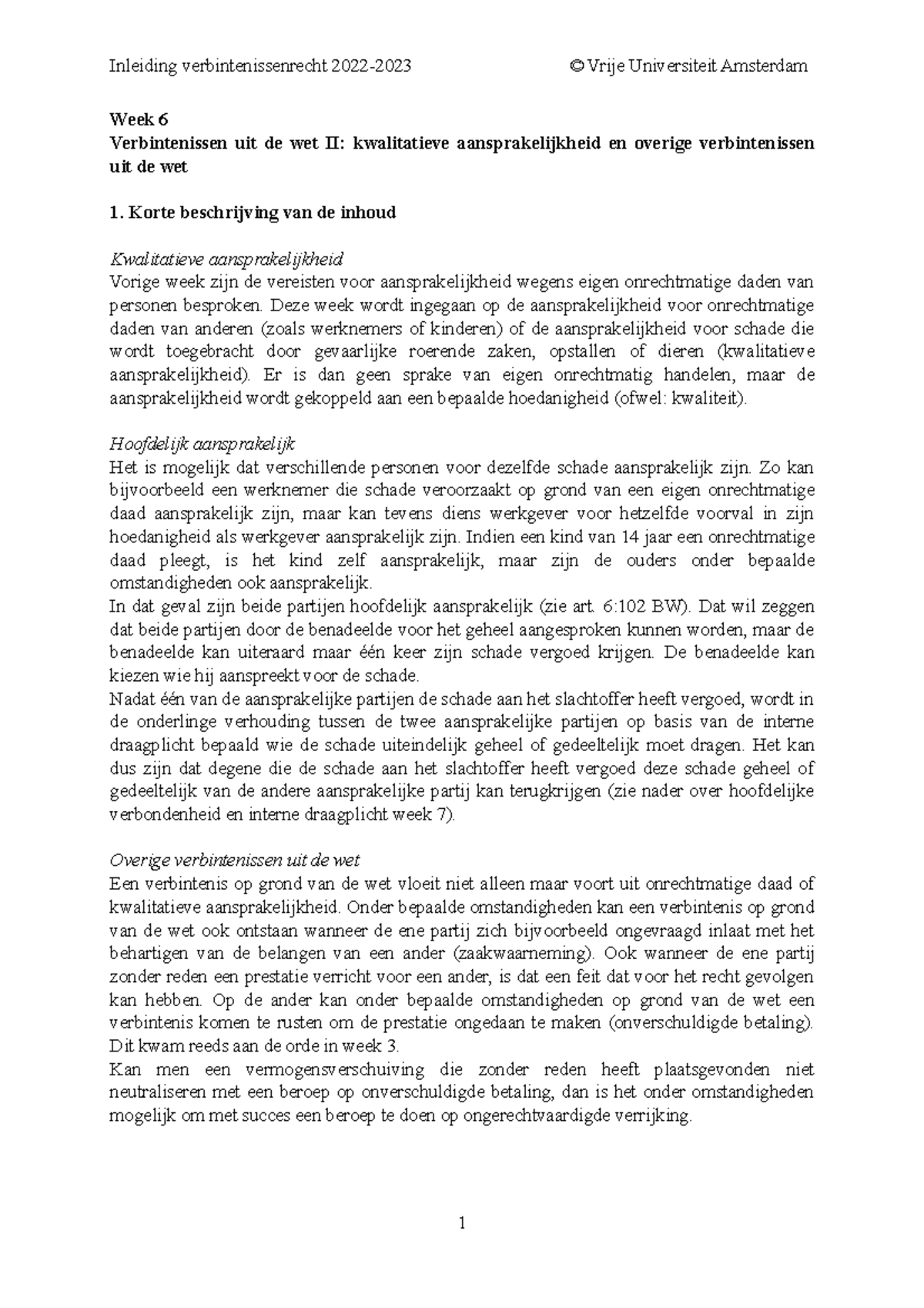 Werkboek - Week 6 Verbintenissenrecht: Kwalitatieve Aansprakelijkheid en meer - Studeersnel
