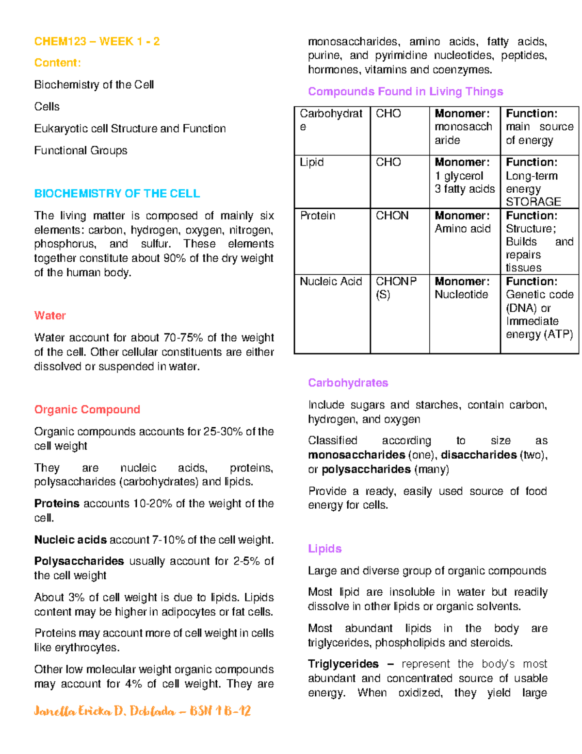 Nursing Notes CHEM123 - Biochemistry of the Cell Overview - Studocu