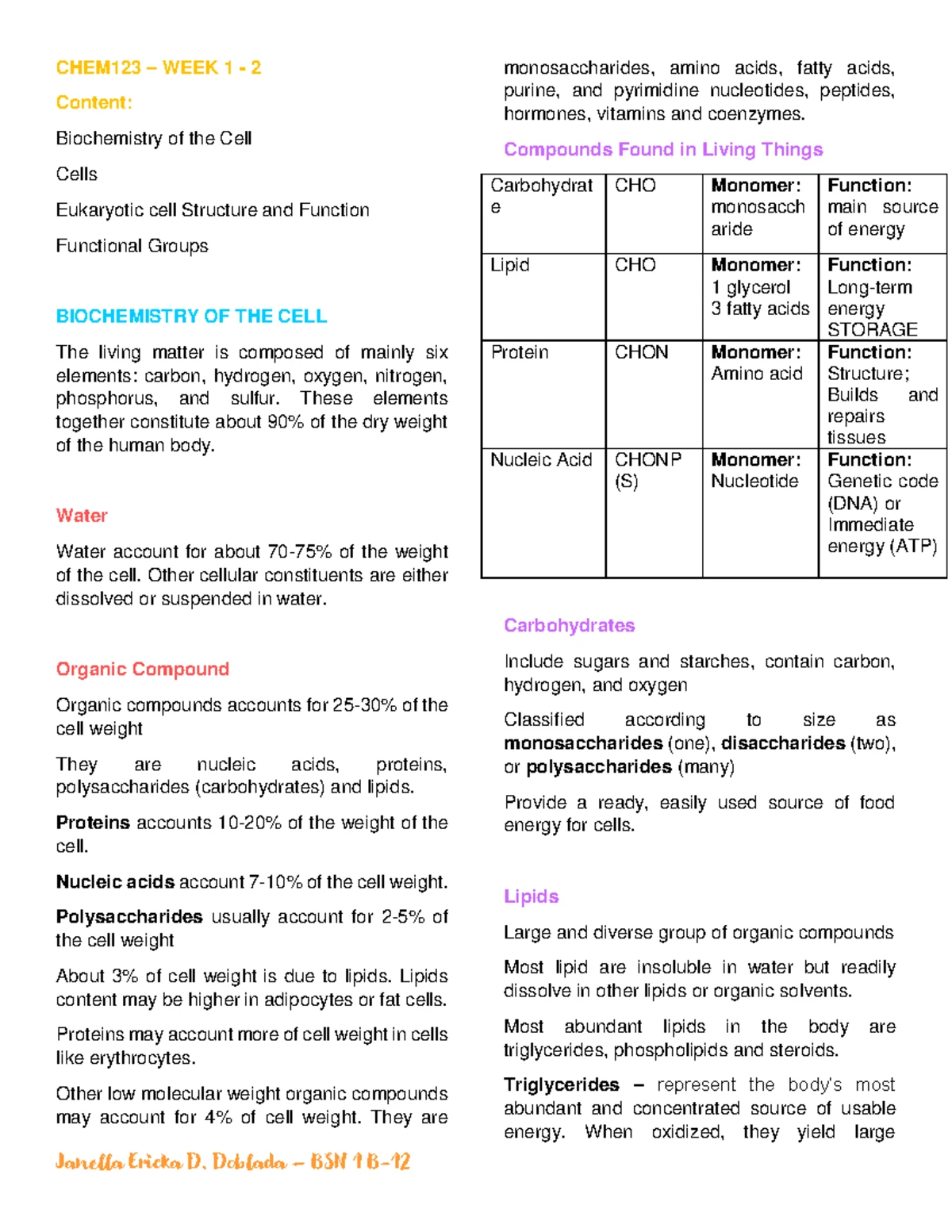 Nursing Notes 1st year - Biochemistry - CHEM123 – WEEK 1 - 2 Content ...