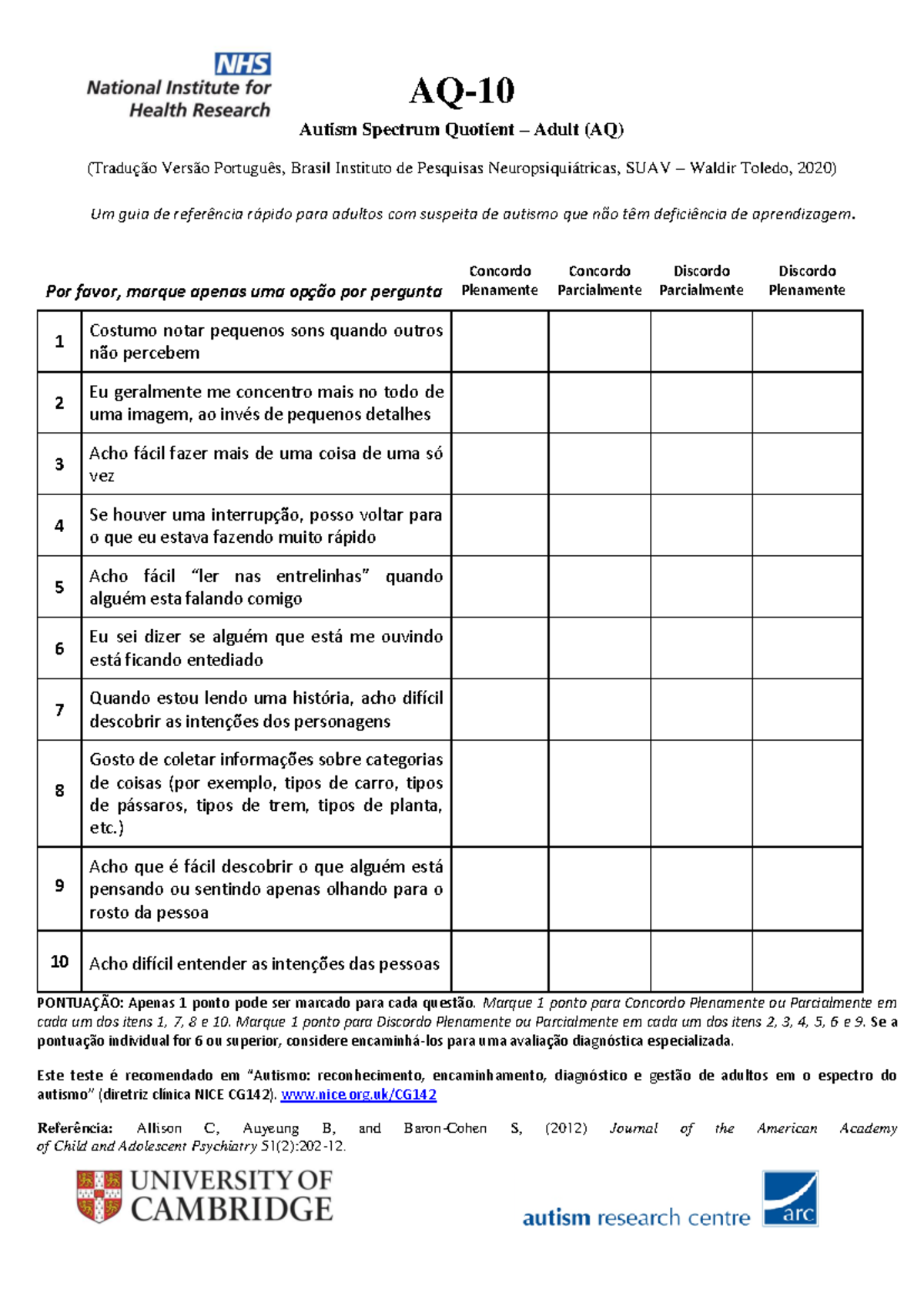 AQ-10: Guia de Referência Rápido para Avaliação do Autismo em Adultos ...