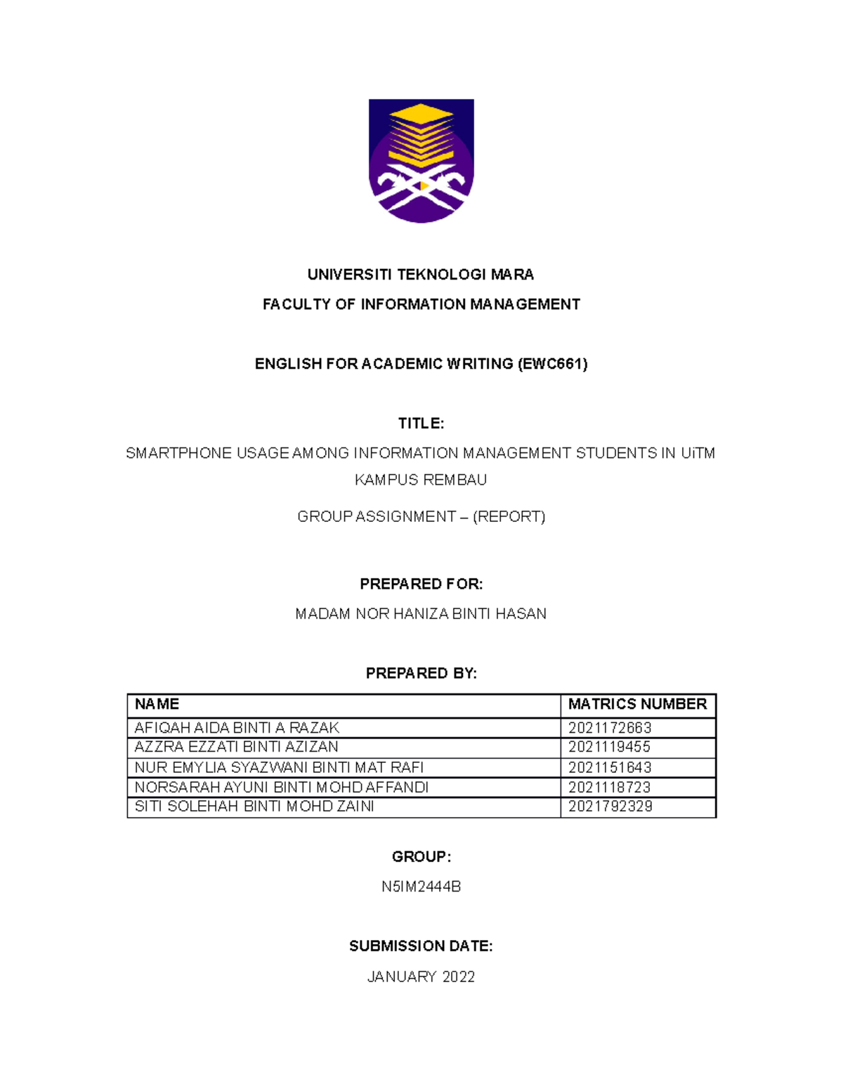 DRAFT OF THE REPORT - UNIVERSITI TEKNOLOGI MARA FACULTY OF INFORMATION ...