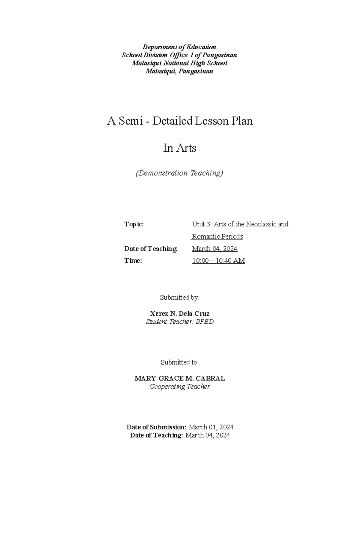 Unit 3: Lesson Plan on Neoclassic and Romantic Arts (Grade 9, 3rd Qtr ...