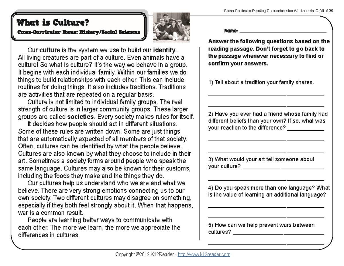 Culture - shchckwcwlkcd,mldw,cmw - Reading Comprehension Worksheets: of ...