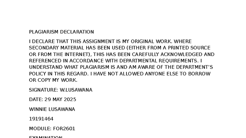FOR2601 EXAM - Plagiarism Declaration and Investigation Insights - Studocu