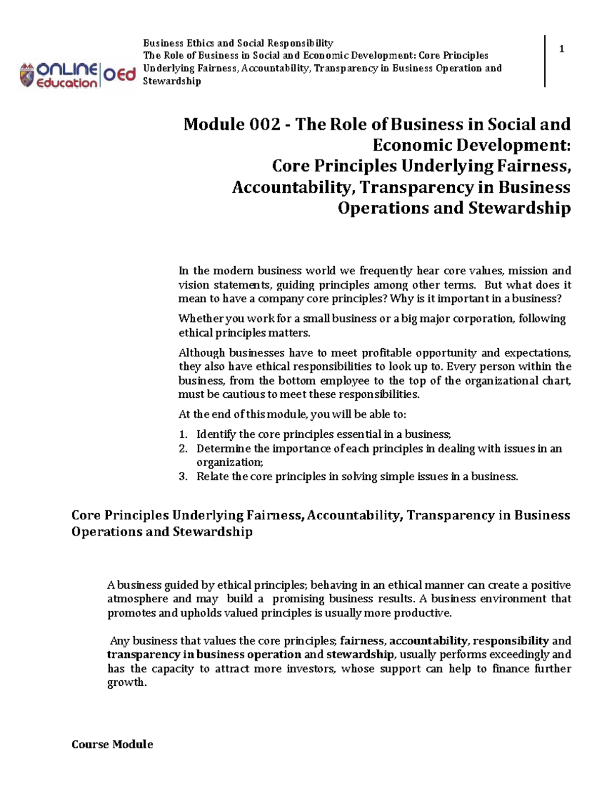 Business Ethics & Social Responsibility: Core Principles in Module 002 ...