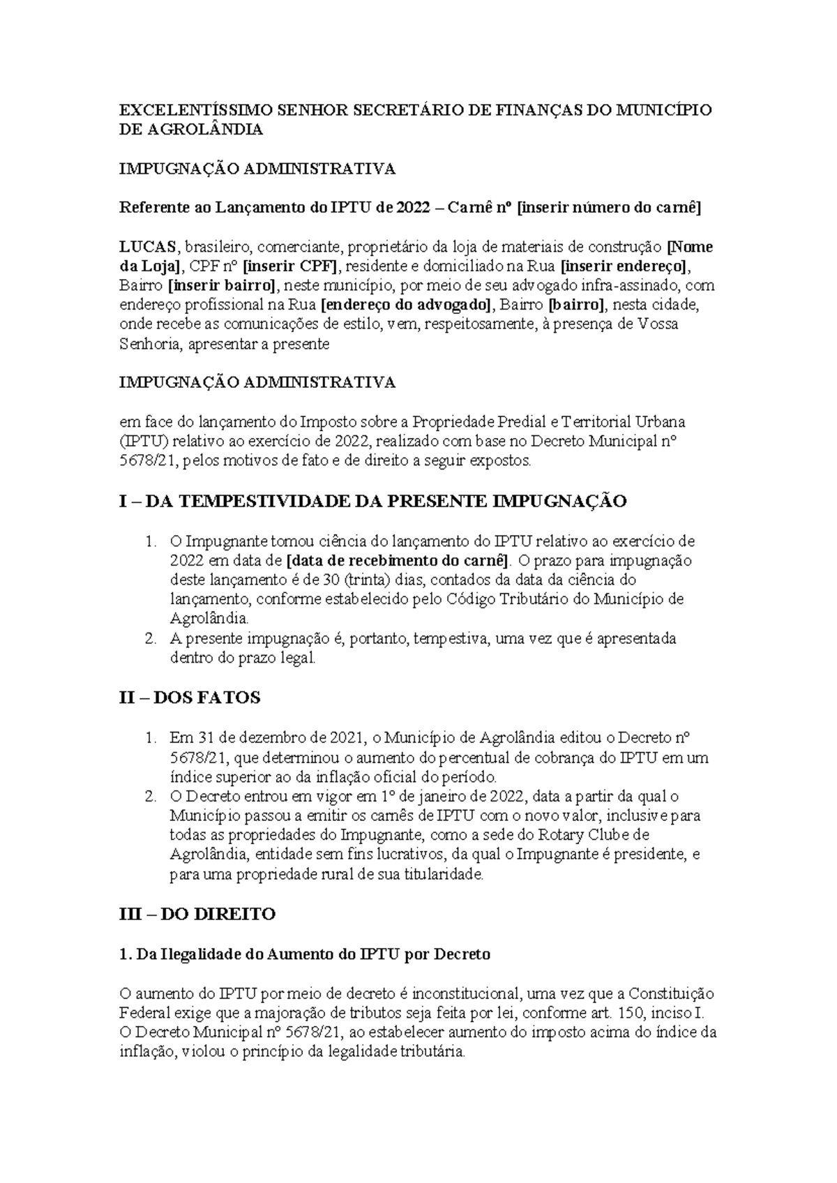 Modelo de Impugnação Administrativa - IPTU 2022 - Curso de Direito ...