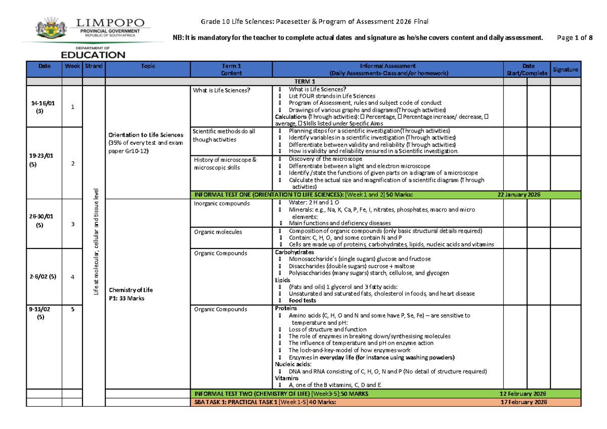 Grade 10 Life Sciences: Pacesetter Program of Assessment 2026 Final ...