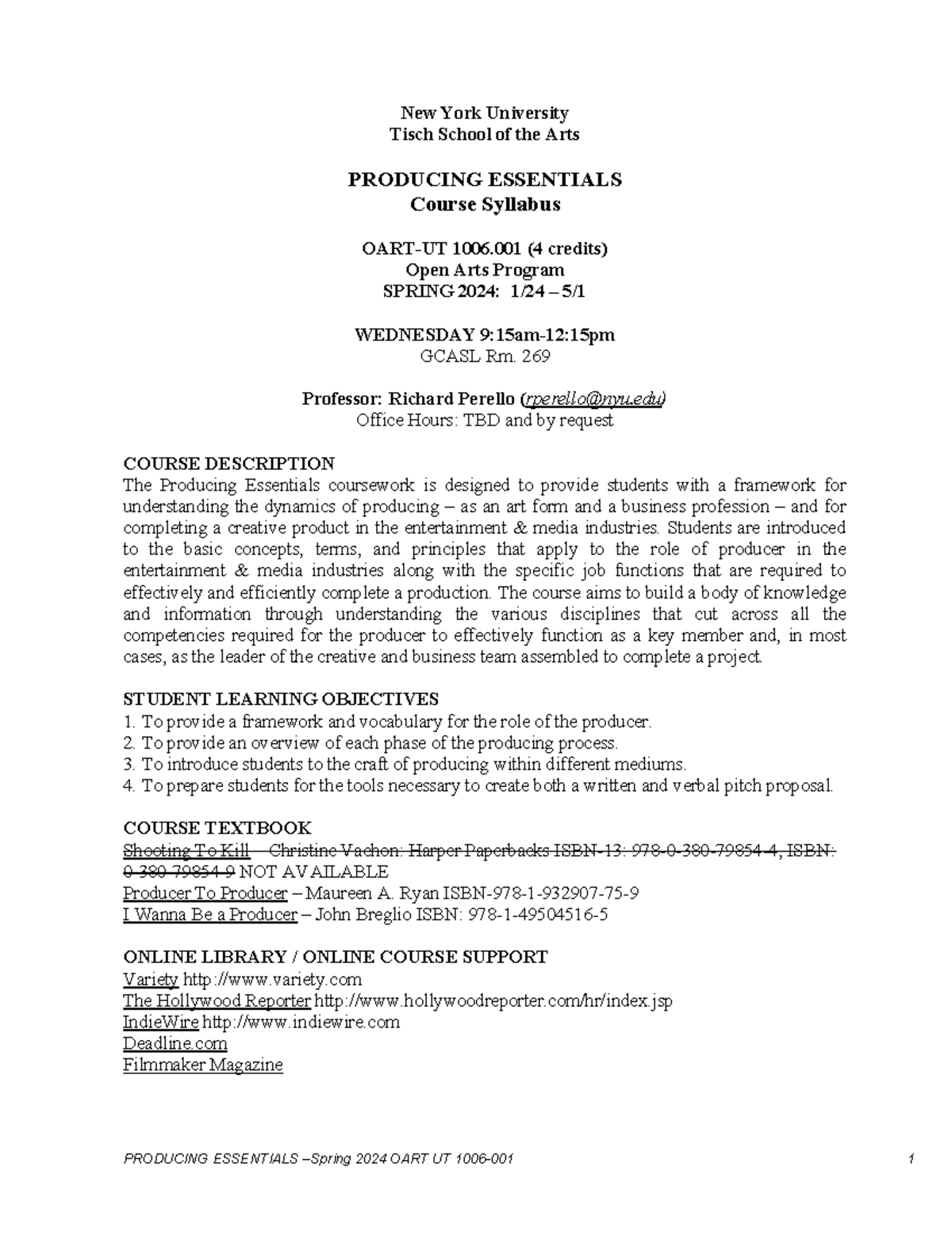 Producing Essentials Syllabus OART-UT 1006.001 Spring 2024 - Studocu