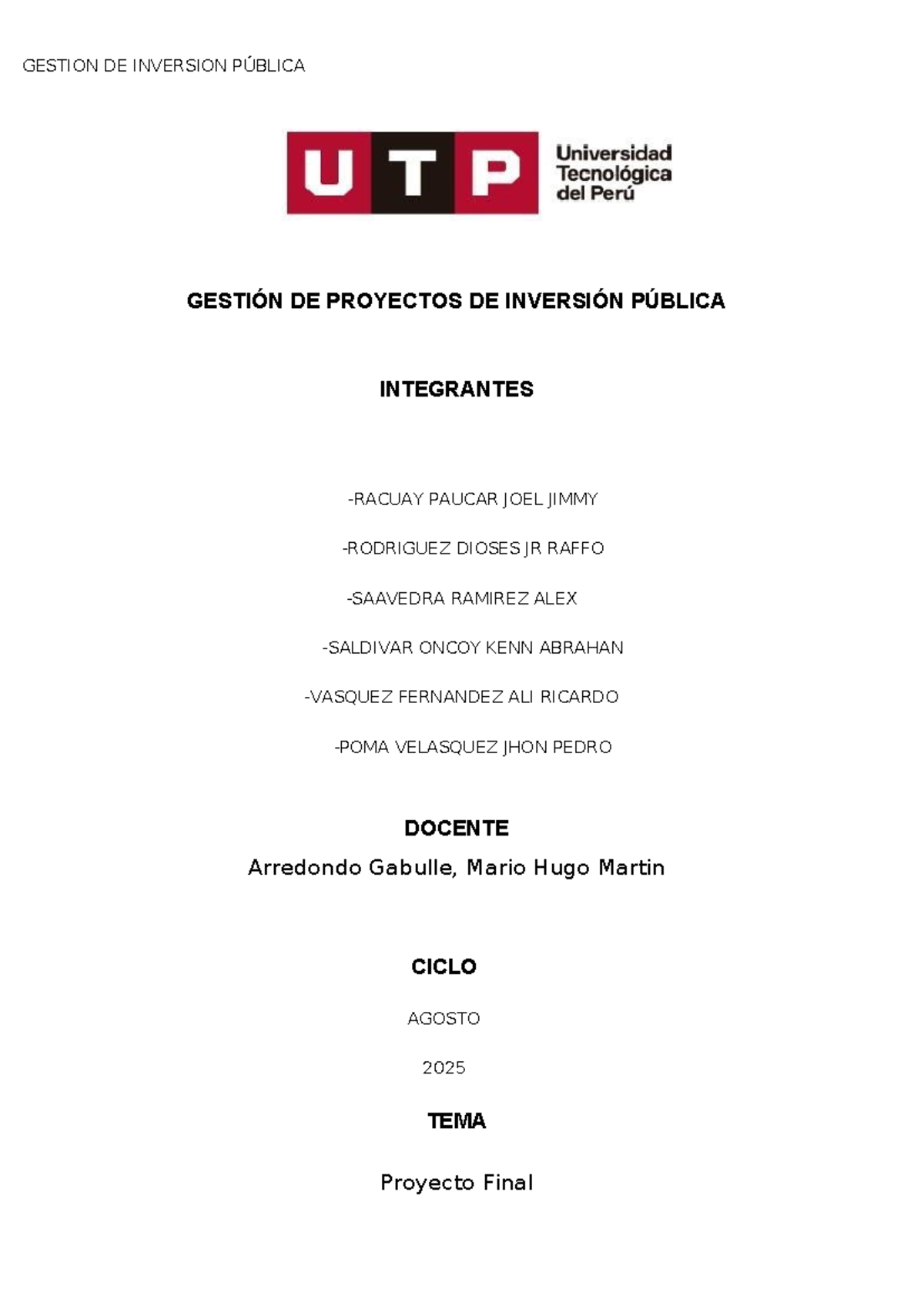 GESTIÓN DE PROYECTOS DE INVERSIÓN PÚBLICA - Proyecto Final GESTION 2025 ...