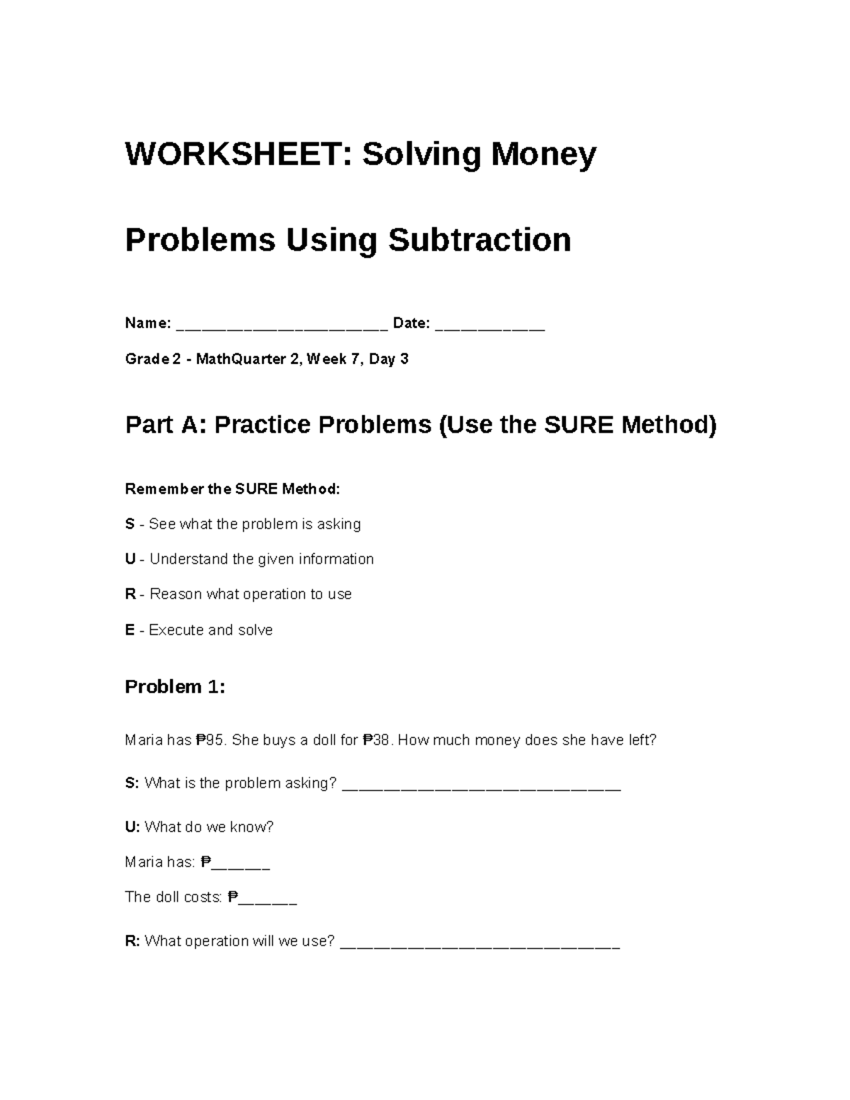 Math 2 Worksheet: Solving Money Problems with Subtraction - Studocu