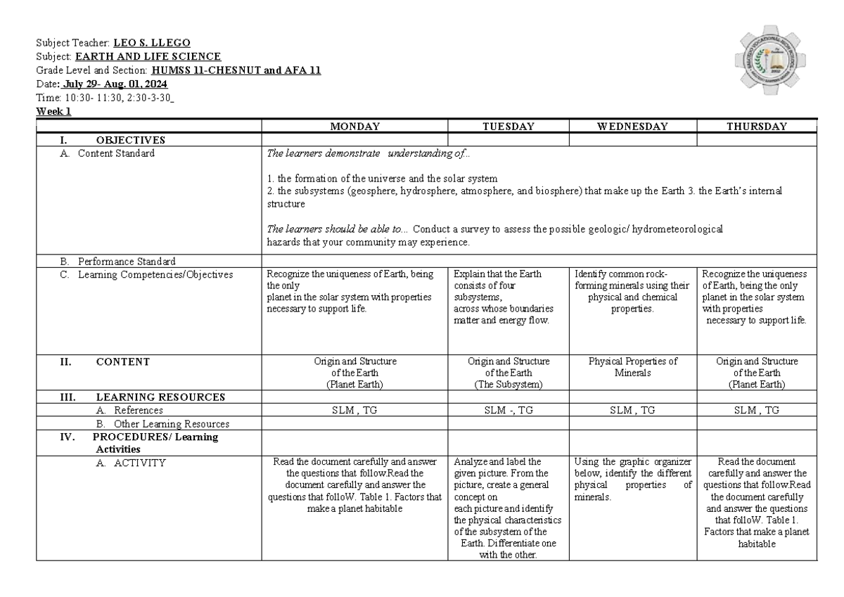 HUMSS AFA 11 Earth and Life Science Week 1 Notes - Studocu