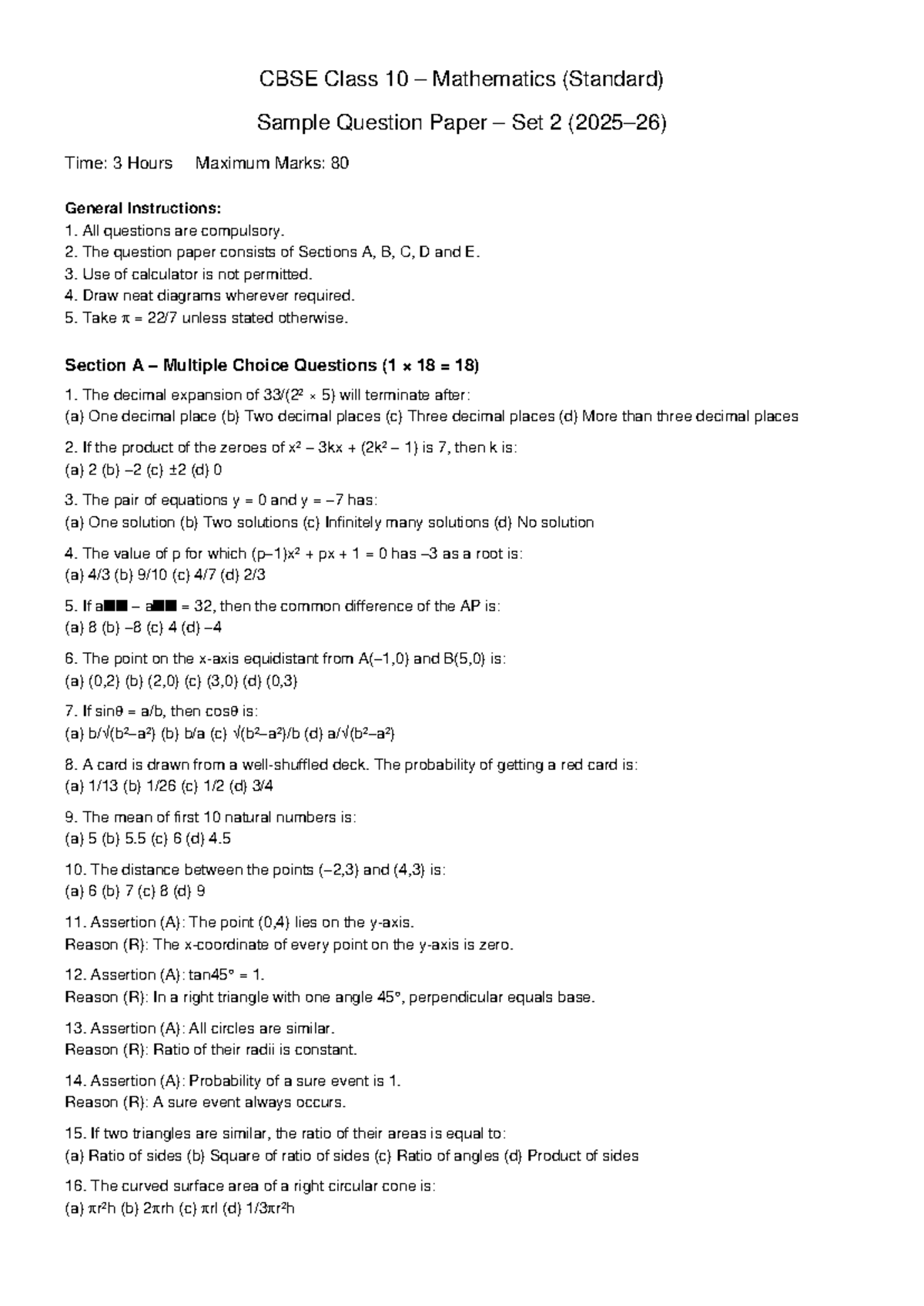 CBSE Class 10 Maths Sample Question Paper Set 2 (2025-26) - Studocu