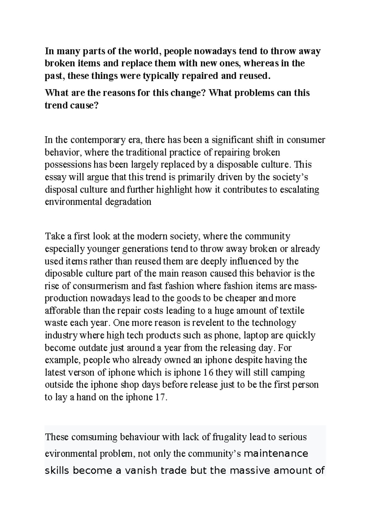 Task 2 - IELTS Writing: The Shift to a Disposable Culture and Its ...