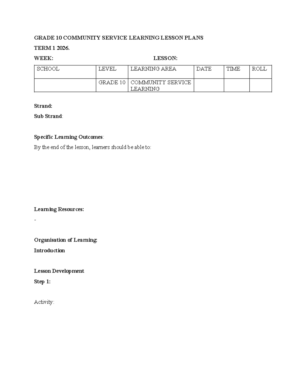 GRADE 10 COMMUNITY SERVICE LEARNING TERM 1 LESSON PLANS - Studocu