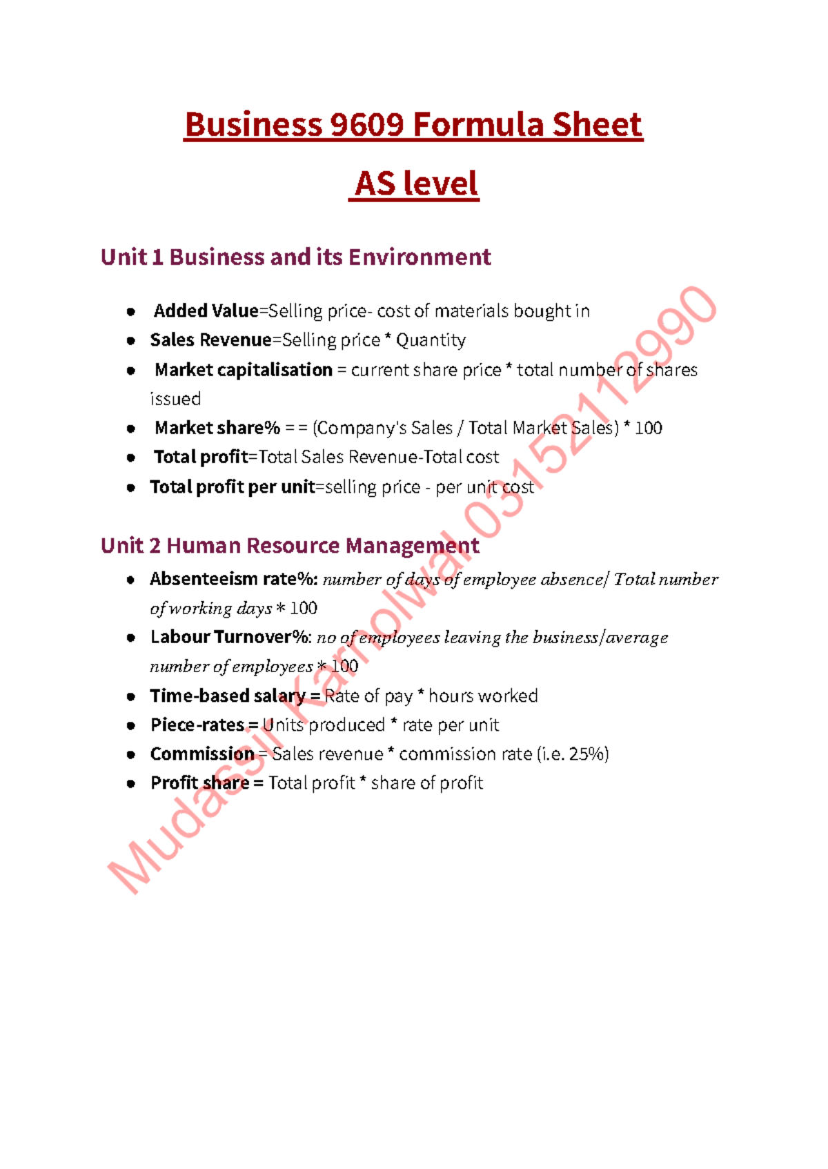 Business 9609 AS Level Formula Sheet: Units 1-3 Overview - Studocu