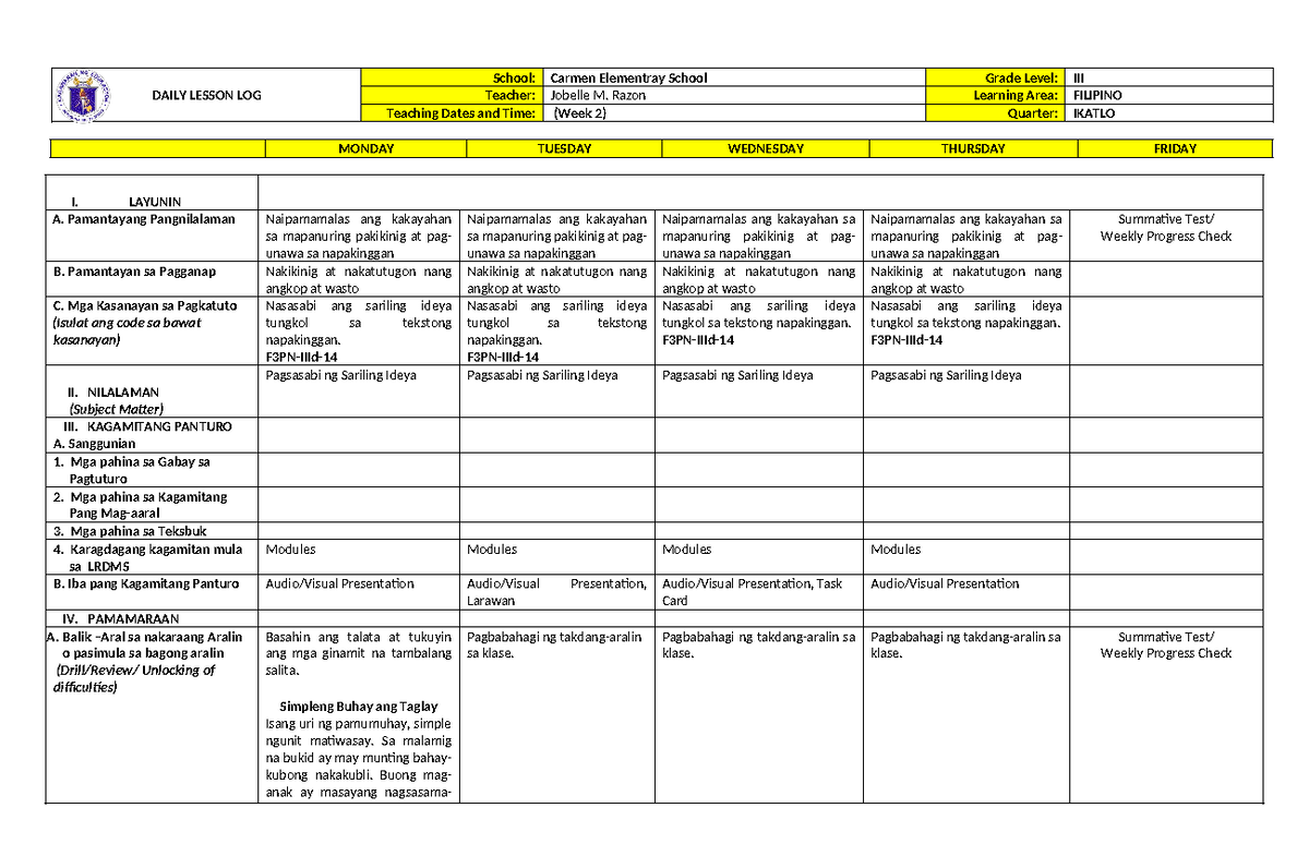 Q3 Filipino DLL WEEK 2 - Daily Lesson Log - DAILY LESSON LOG School ...