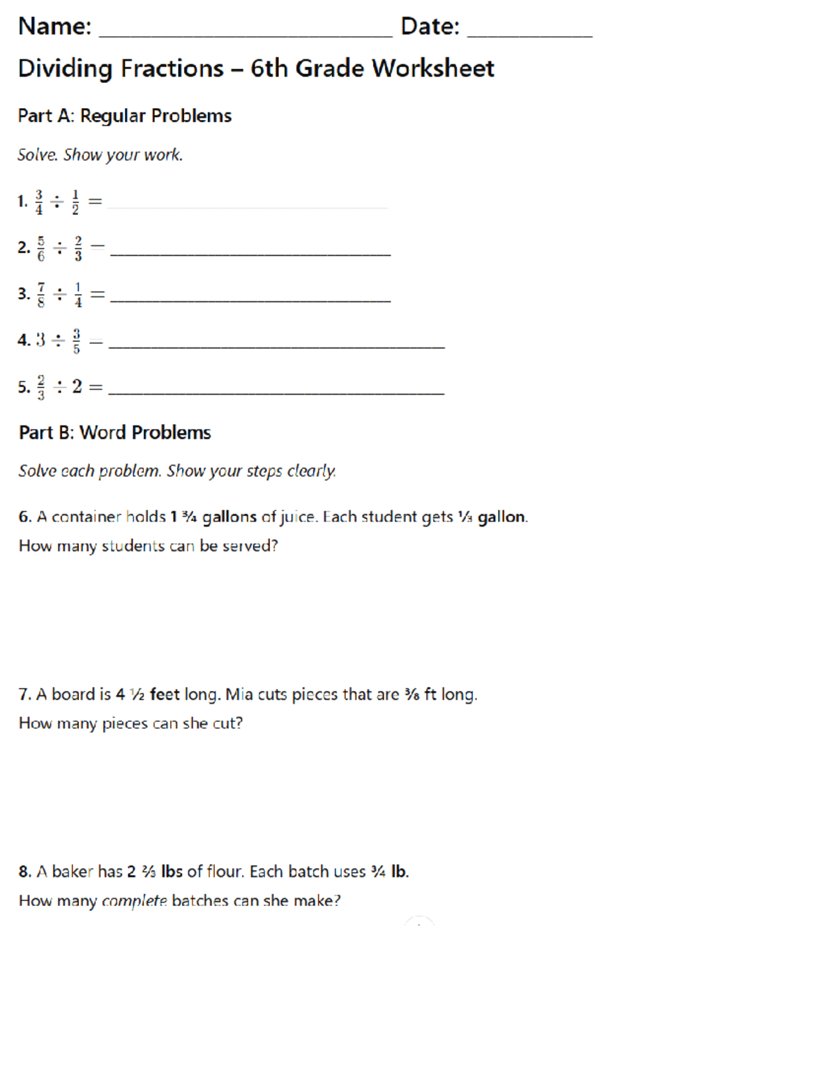 Dividing Fractions Study Guide for 6th Grade Worksheet - Studocu