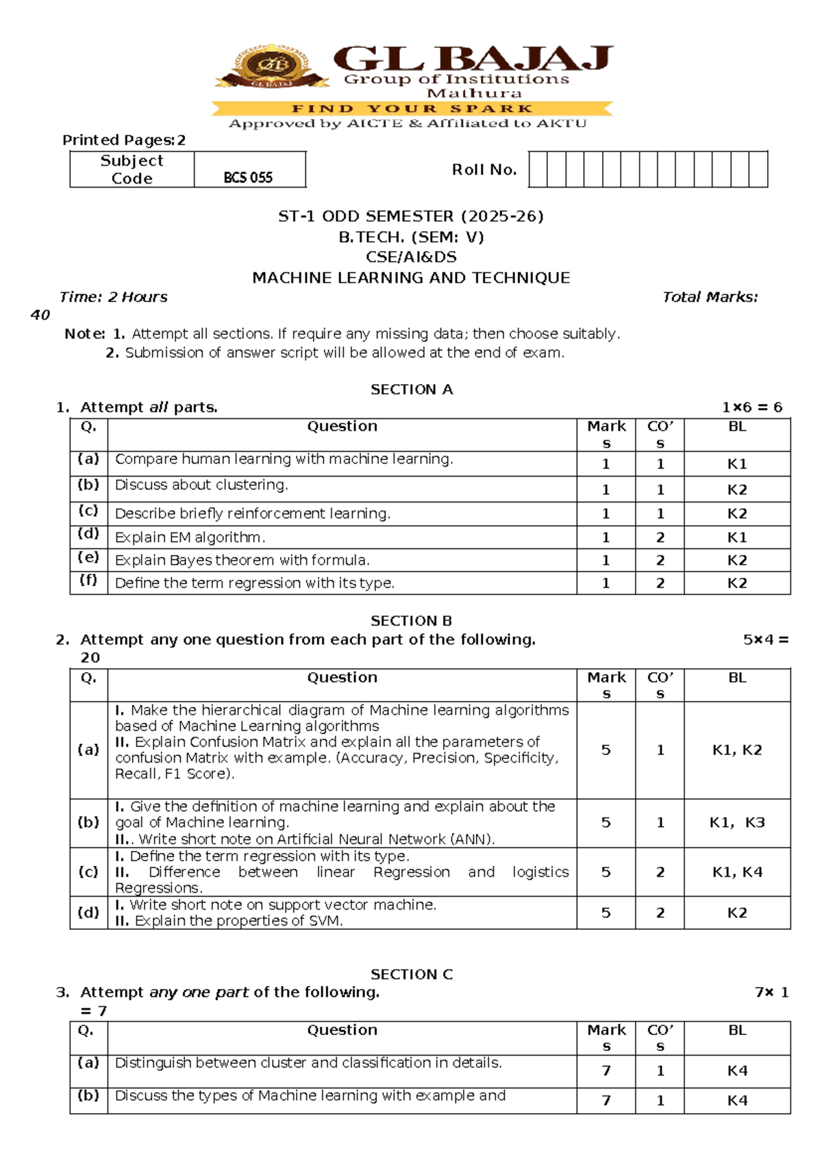 BCS 055 ODD SEM B.TECH V - Machine Learning Exam Paper - Studocu